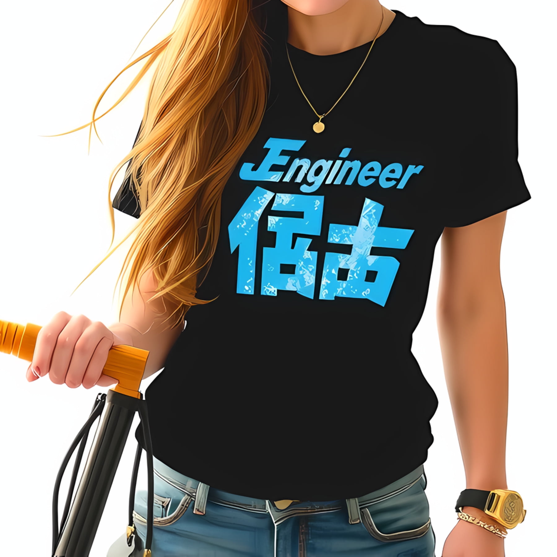 Stylish Black Cotton Short Sleeve T-Shirt for Women - Bold " Engineer " Design in Playful Blue ...