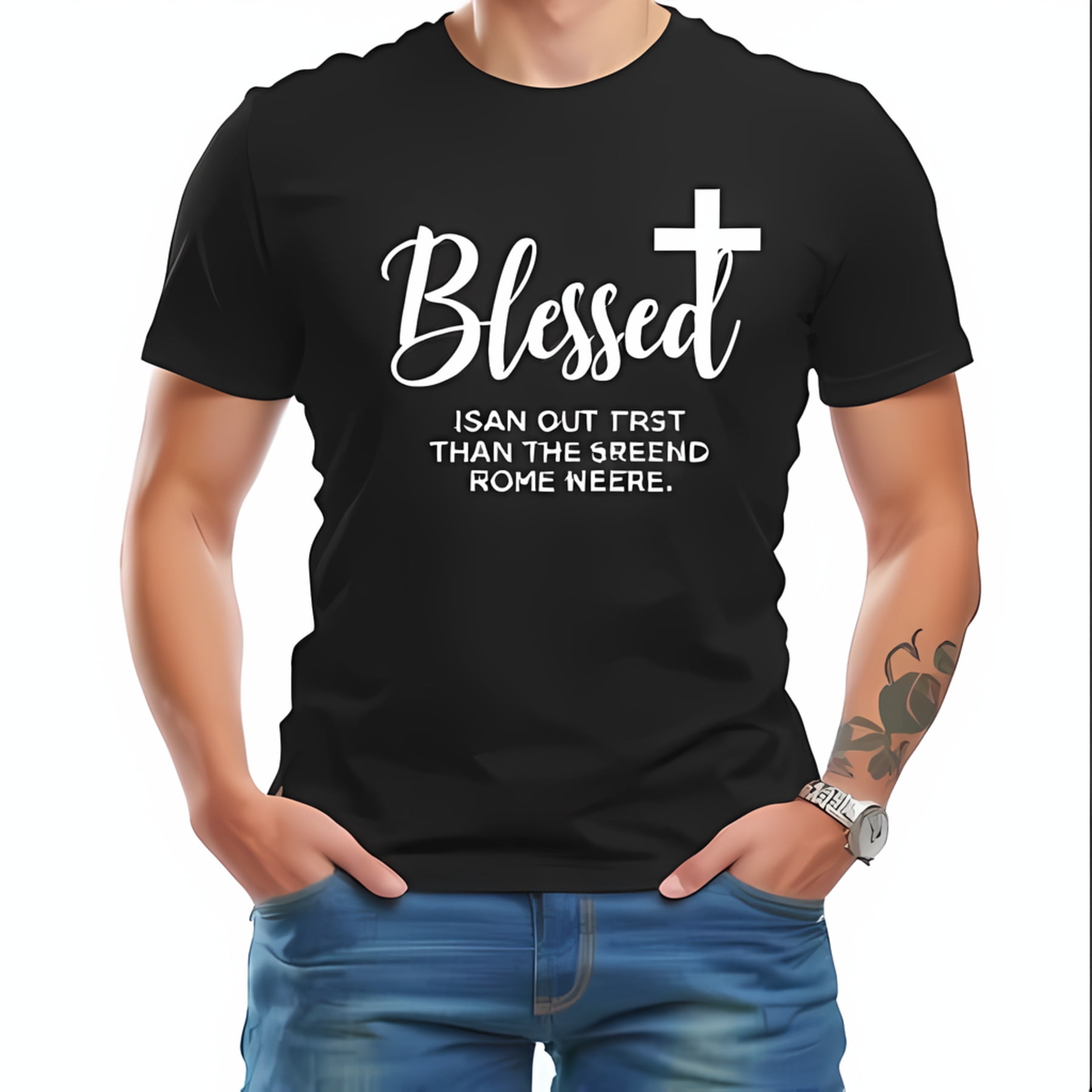Stylish Black Cotton Short Sleeve T-Shirt with 'Blessed' Script and ...