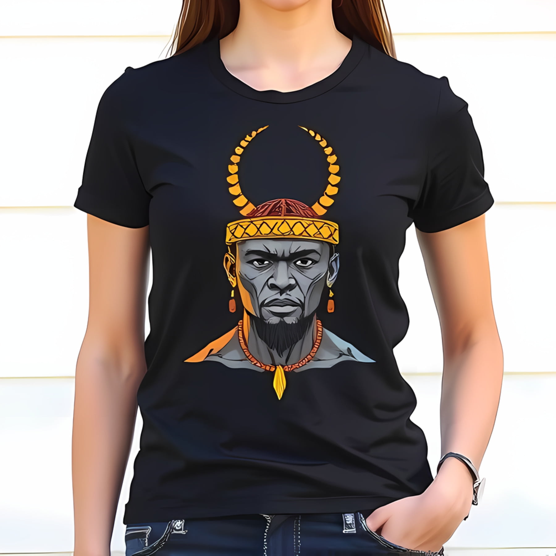Stylish Black Cotton Short Sleeve T-Shirt with Bold African King ...