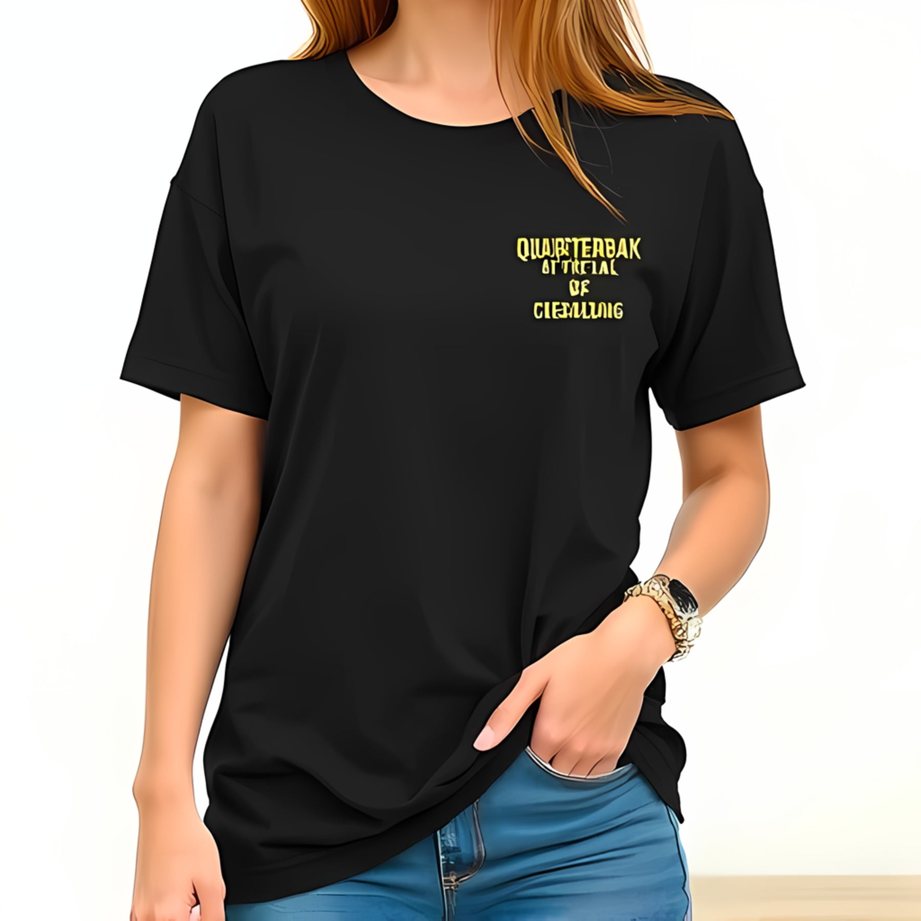 Stylish Black Cotton Short Sleeve T-Shirt with Bold Yellow 'Quarterback ...