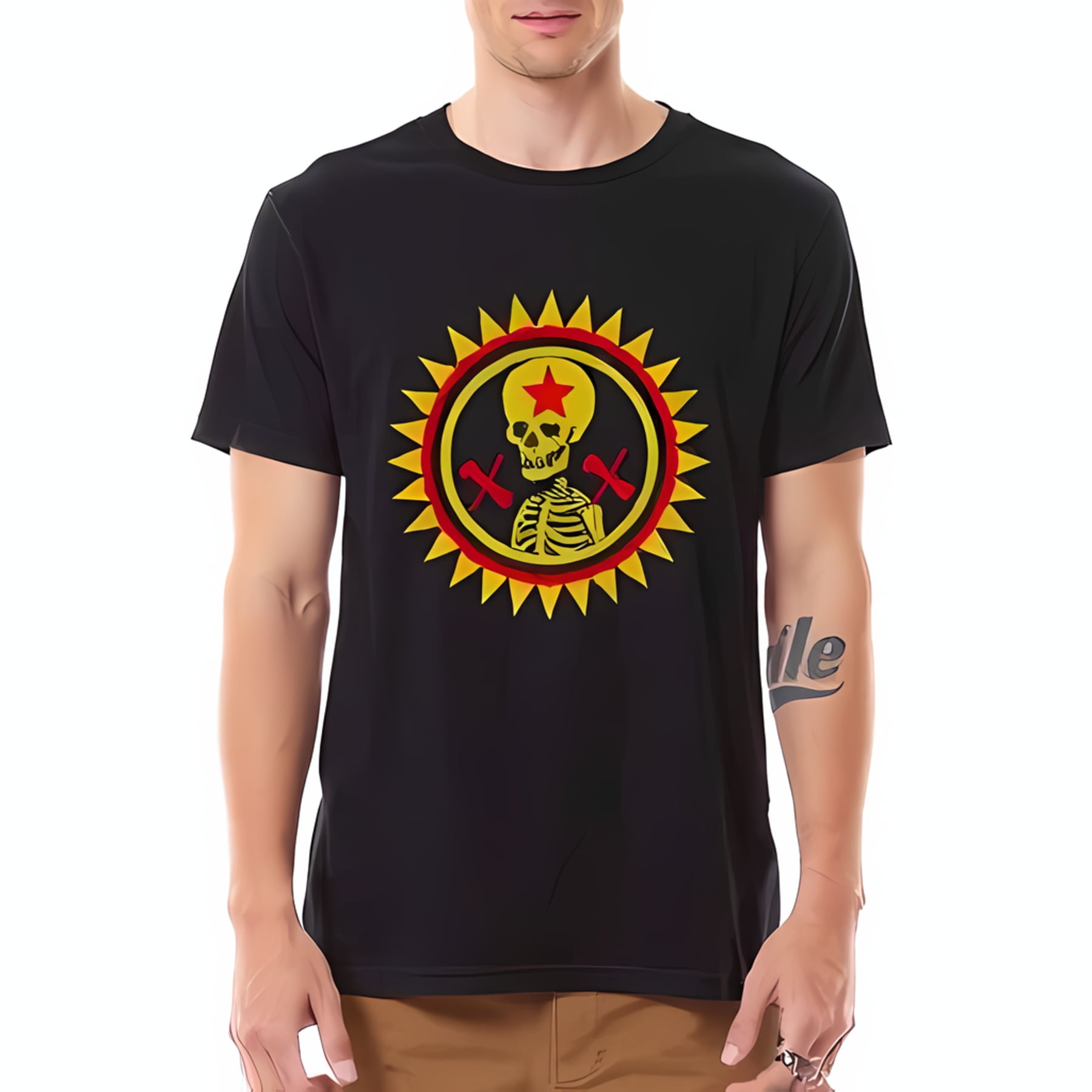 Stylish Black Cotton Short Sleeve T-Shirt with Bold Yellow & Red ...
