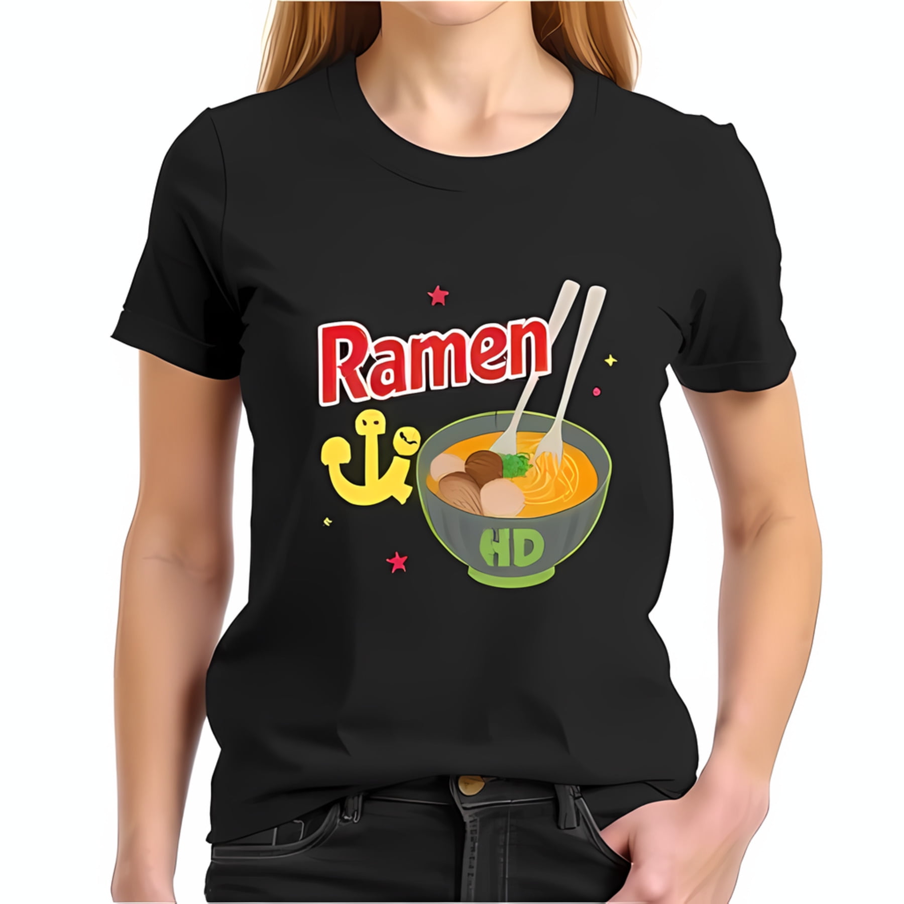 Stylish Black Cotton Short Sleeve T-Shirt with Cartoon Ramen Graphic ...