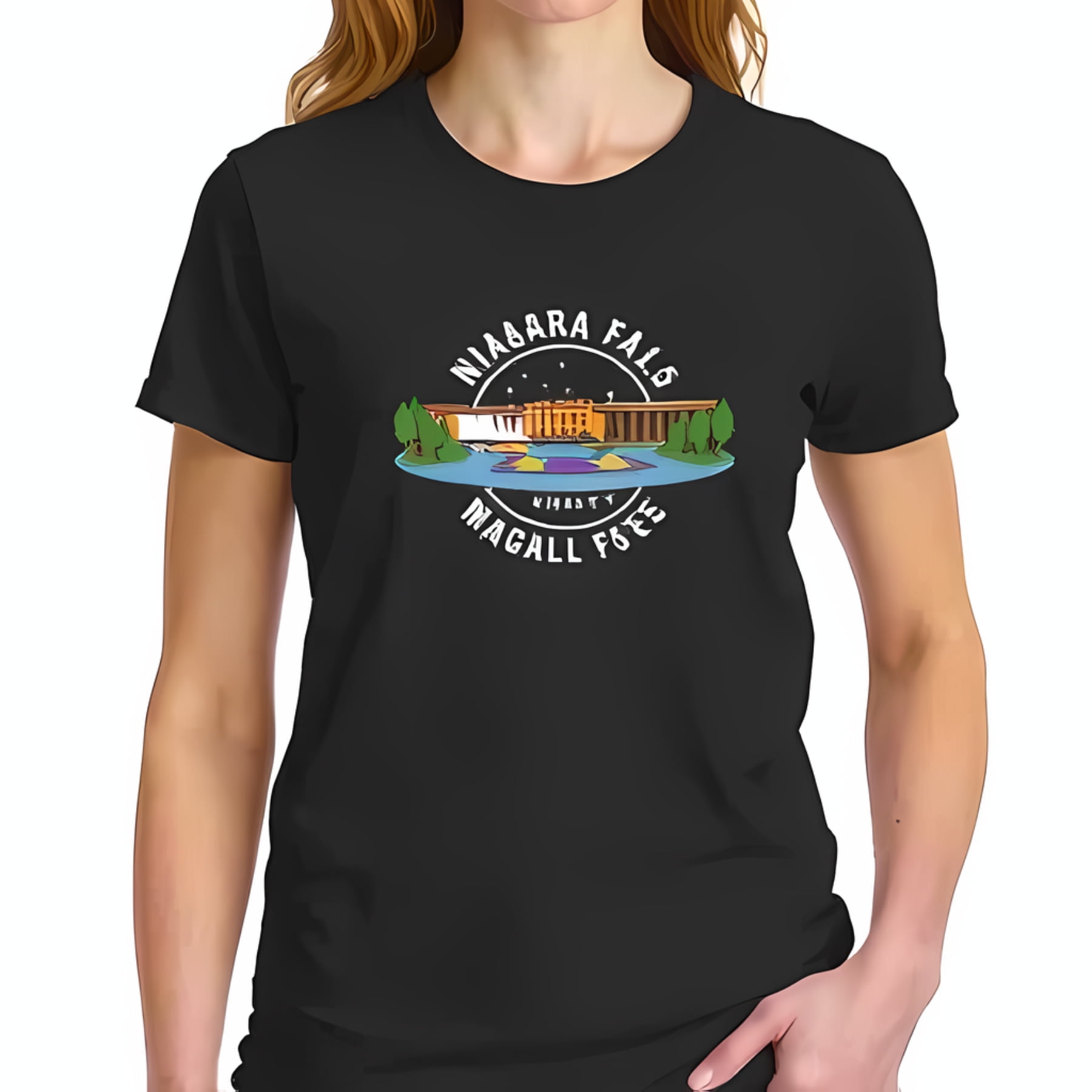 Stylish Black Cotton Short Sleeve T-Shirt with Circular Niagara Falls ...