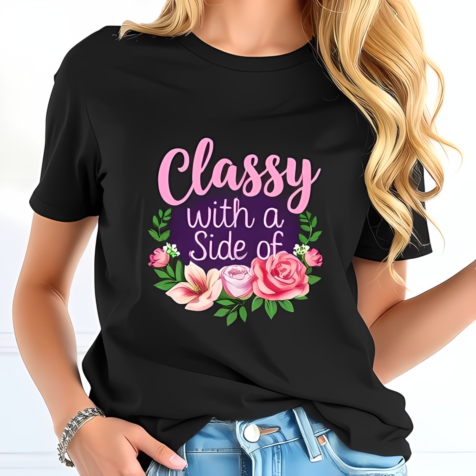 Stylish Black Cotton Short Sleeve T-Shirt with 'Classy with a Side of ...