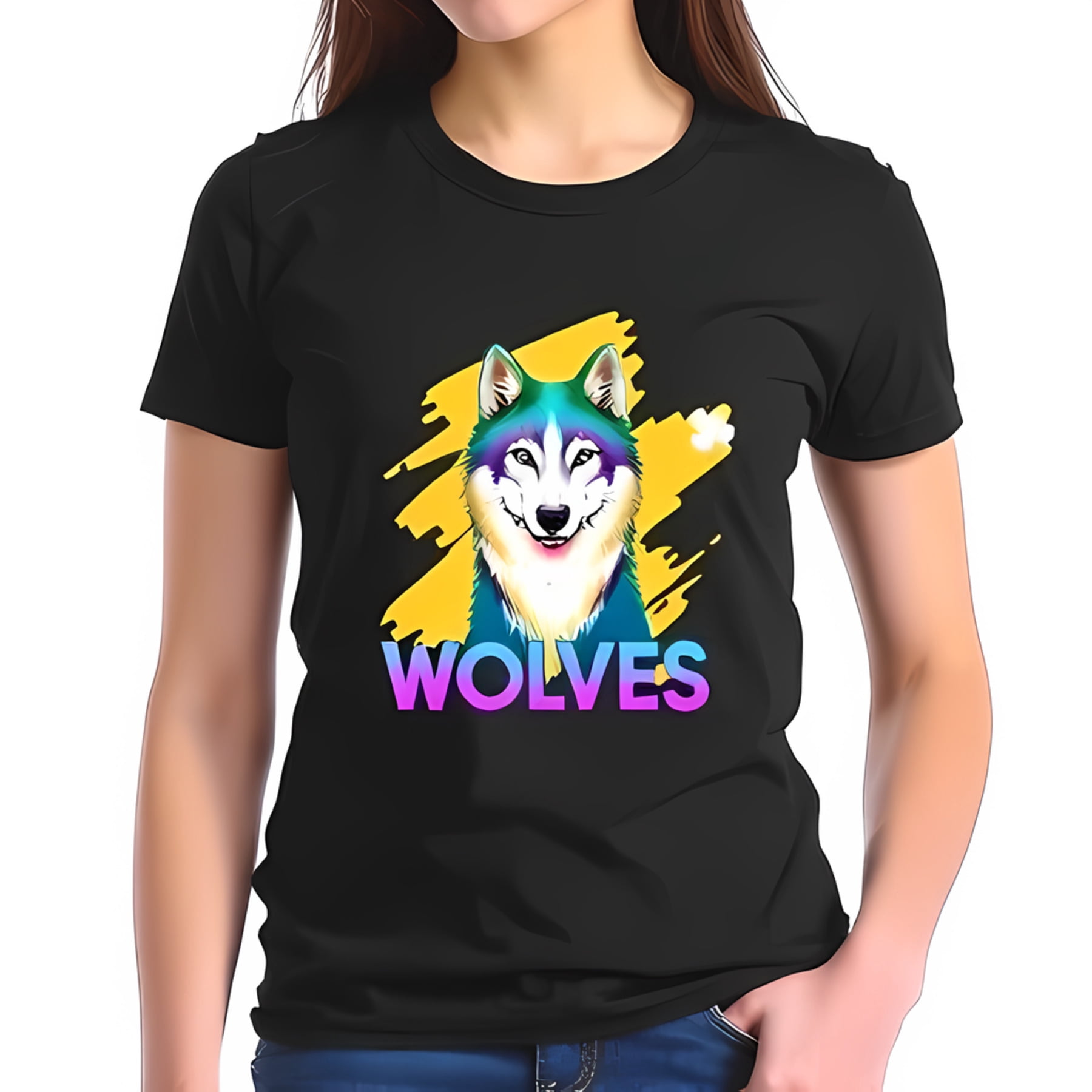 Stylish Black Cotton Short Sleeve T-Shirt with Colorful Wolf Graphic ...