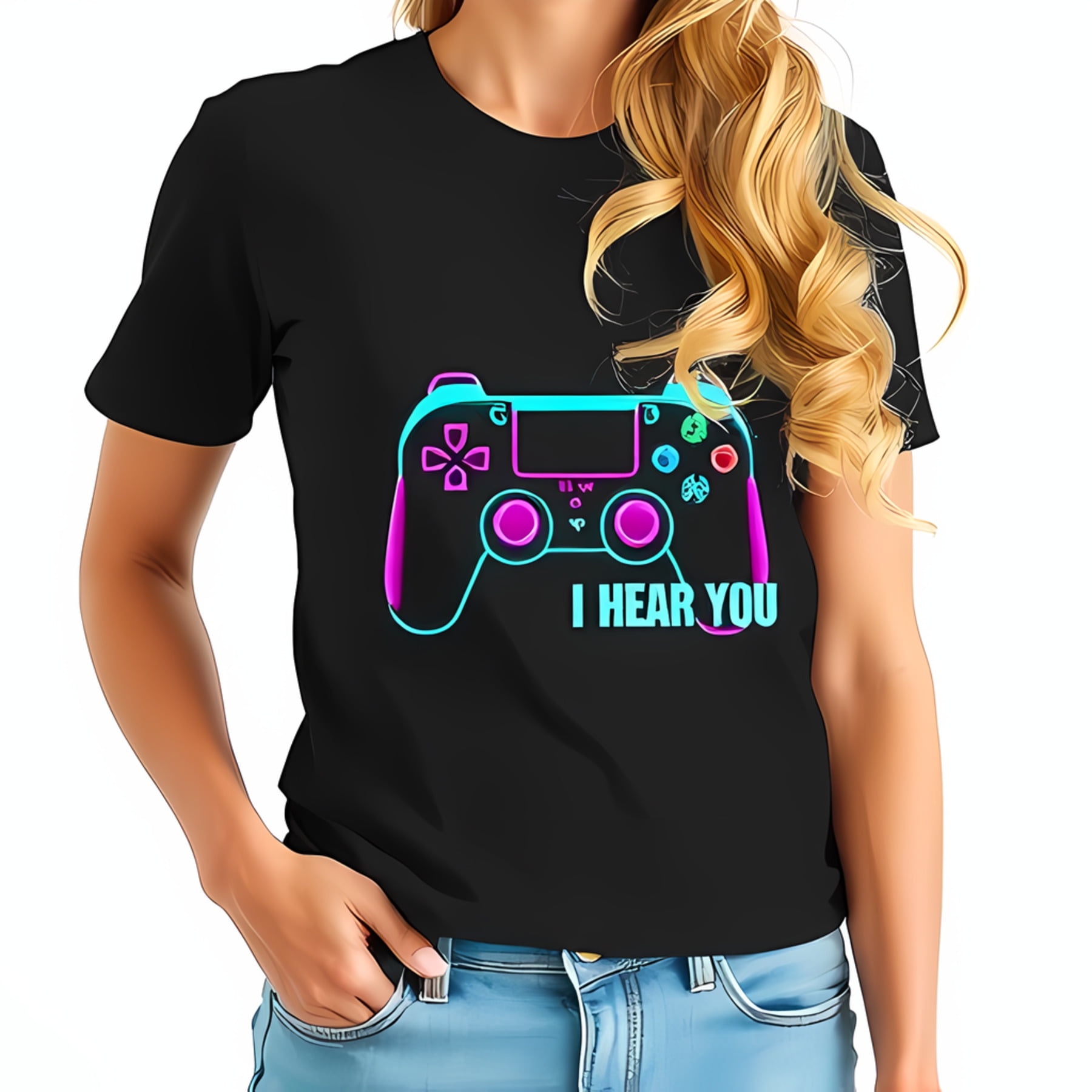 Stylish Black Cotton Short Sleeve T-Shirt with Controller & 'I HEAR YOU ...