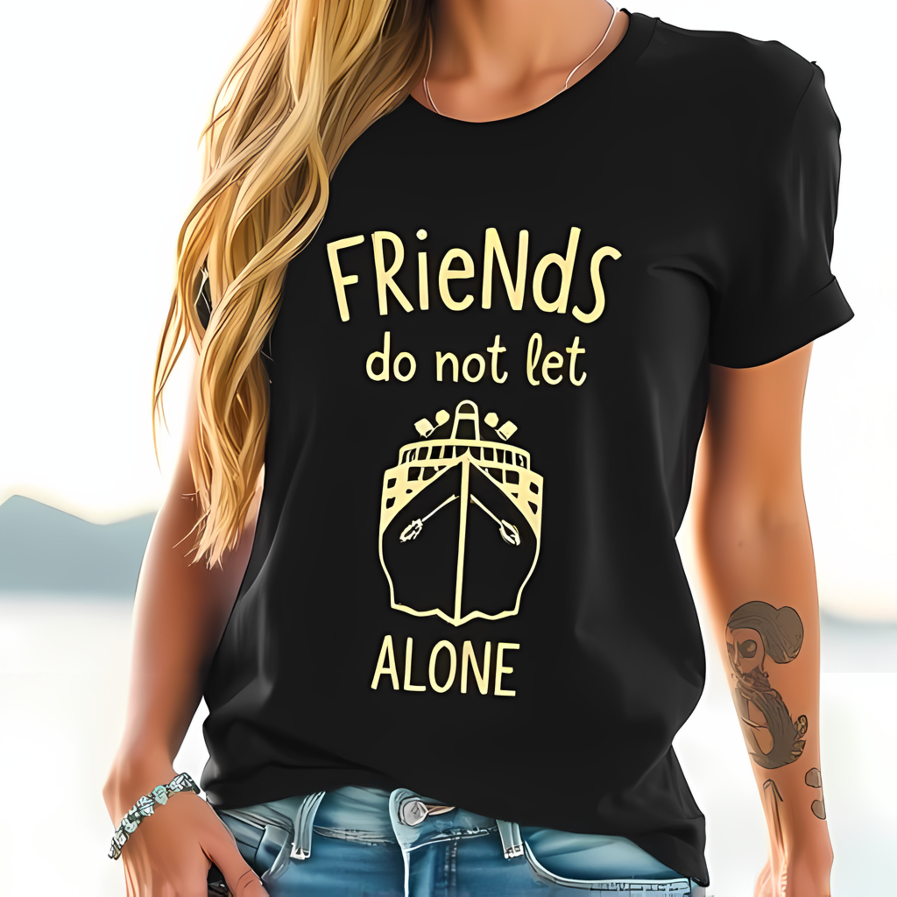 Stylish Black Cotton Short Sleeve T-Shirt with Cream Cruise Ship ...