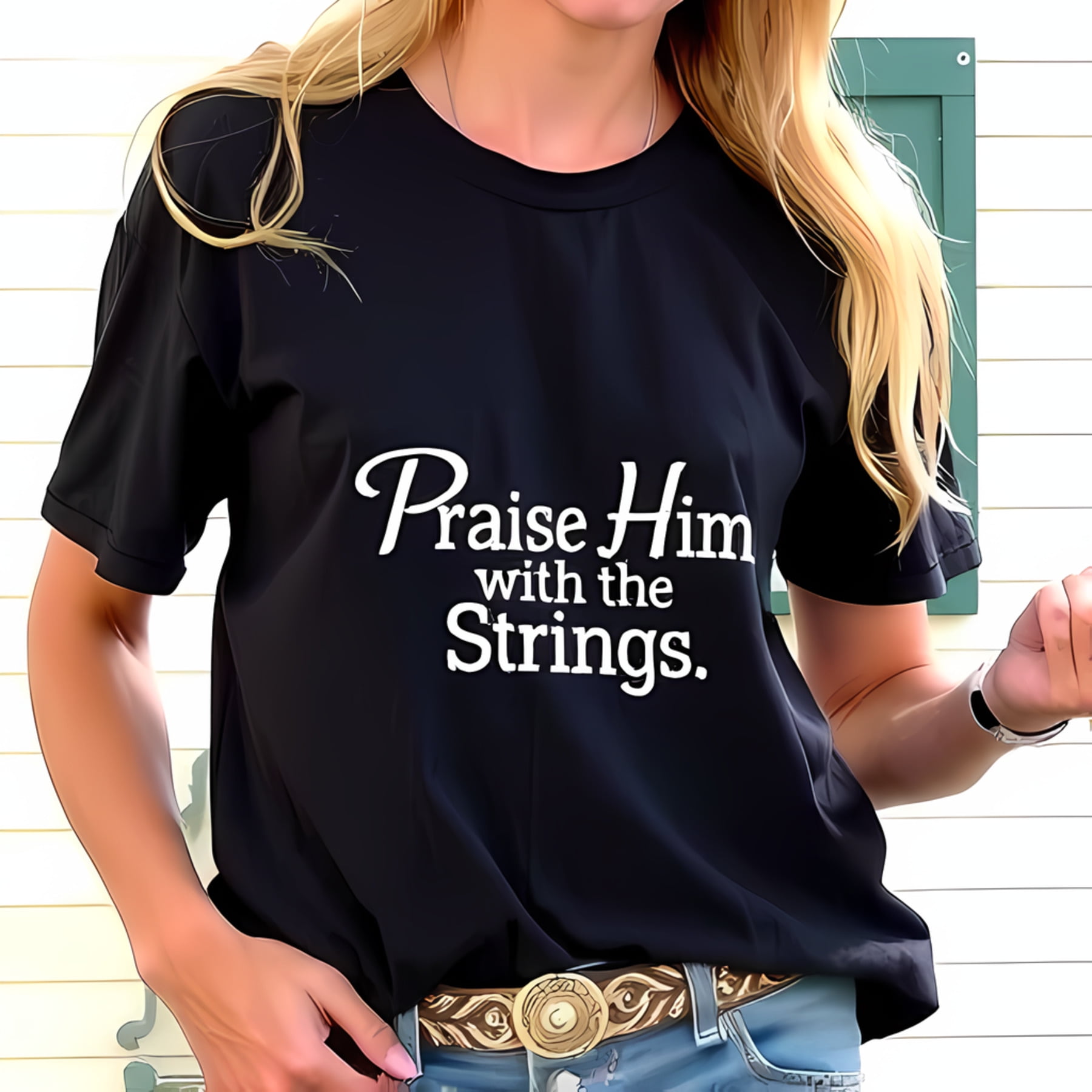 Stylish Black Cotton Short Sleeve T-Shirt with Cursive 'Praise Him with ...