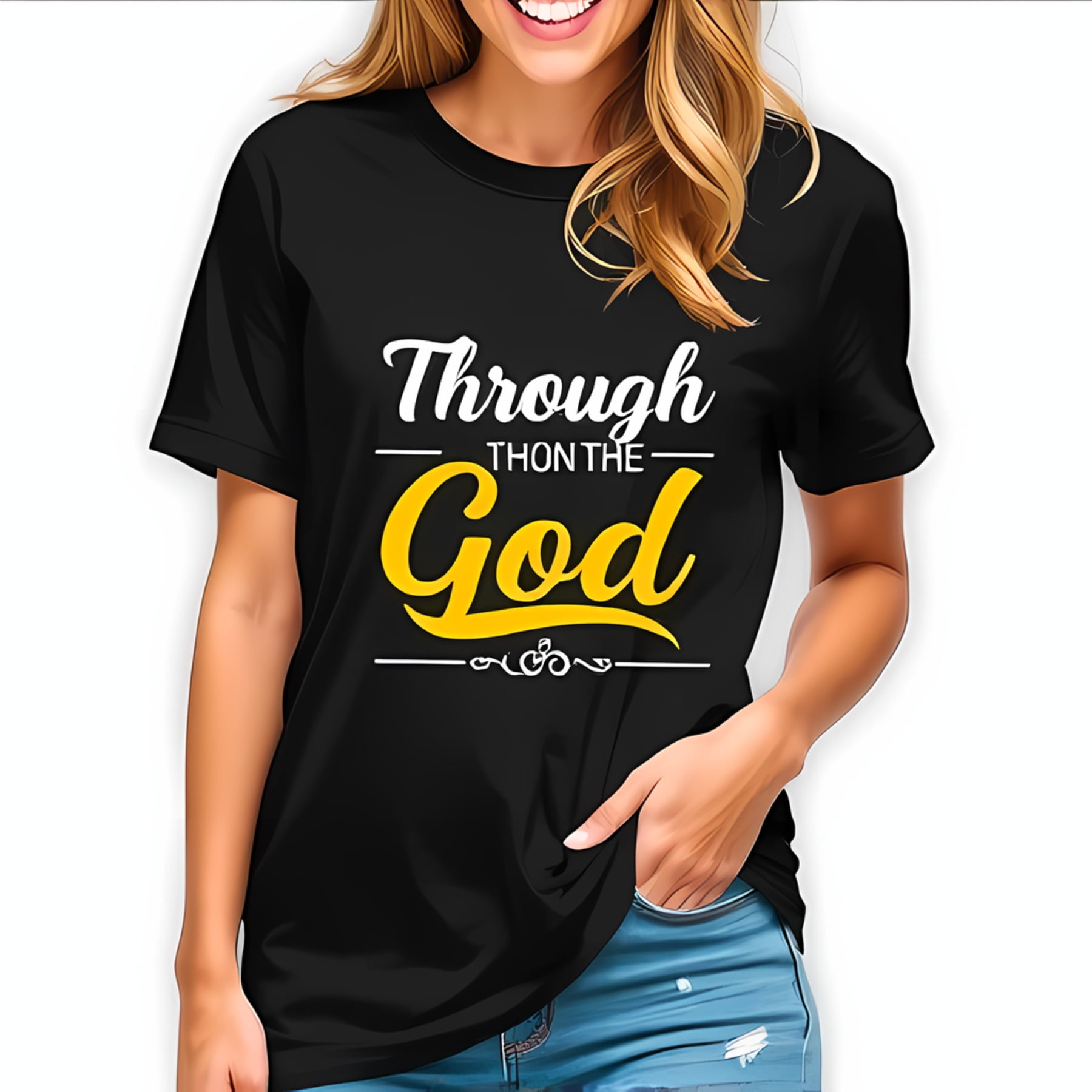 Stylish Black Cotton Short Sleeve T-Shirt with Elegant Gold Cursive Inscription " Through Thon ...