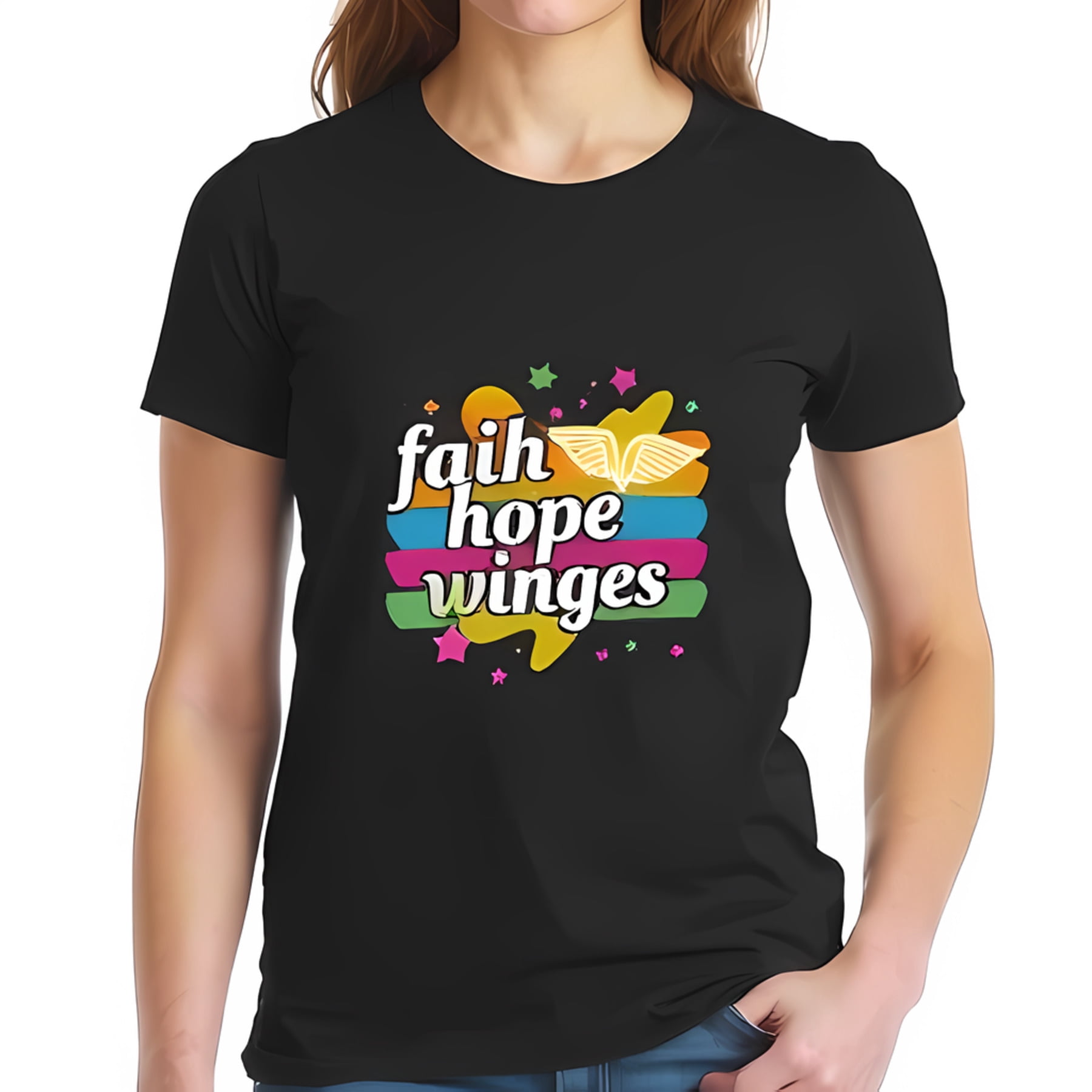 Stylish Black Cotton Short Sleeve T-Shirt with " Faith Hope Wings ...