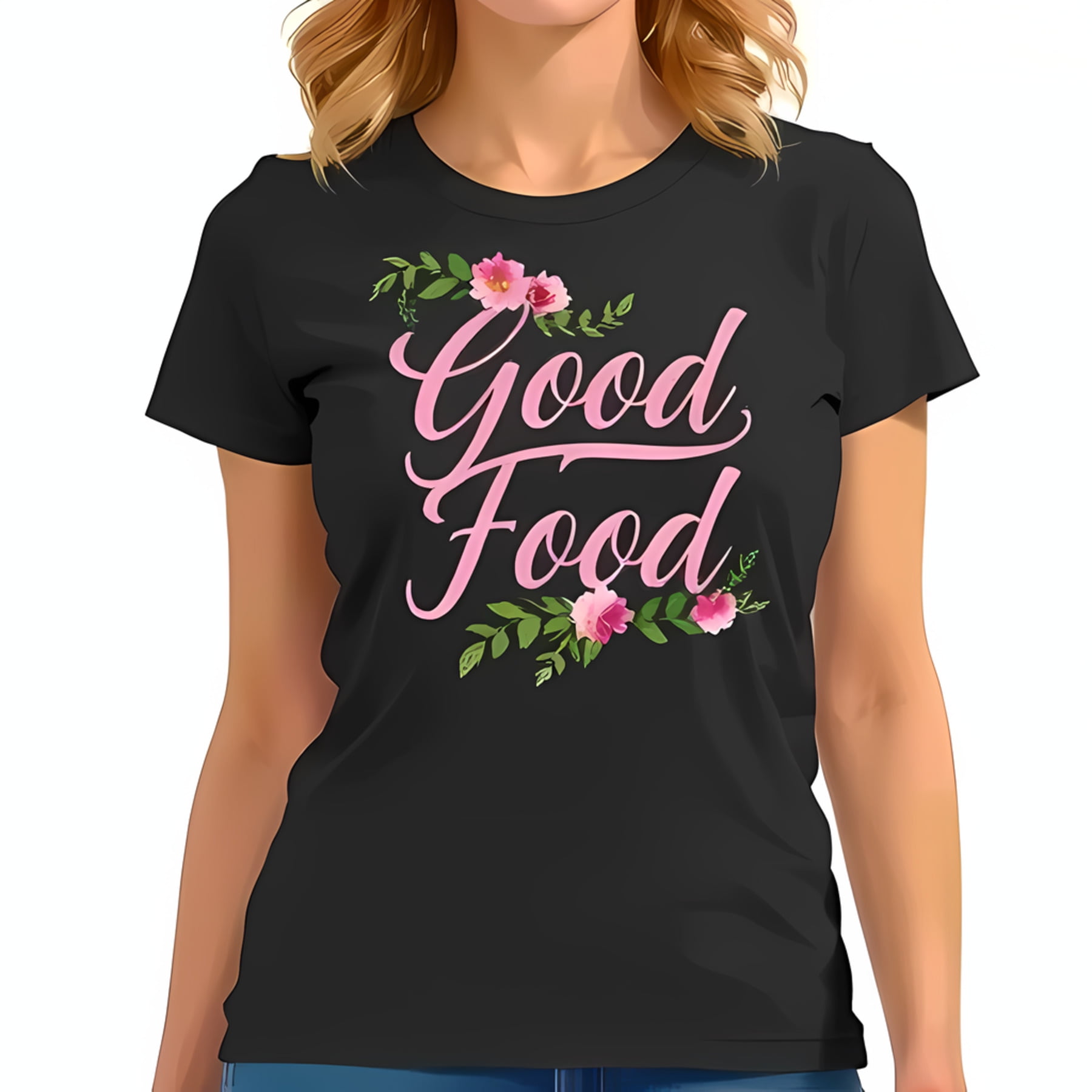 Stylish Black Cotton Short Sleeve T-Shirt with Floral 'Good ' Design in ...