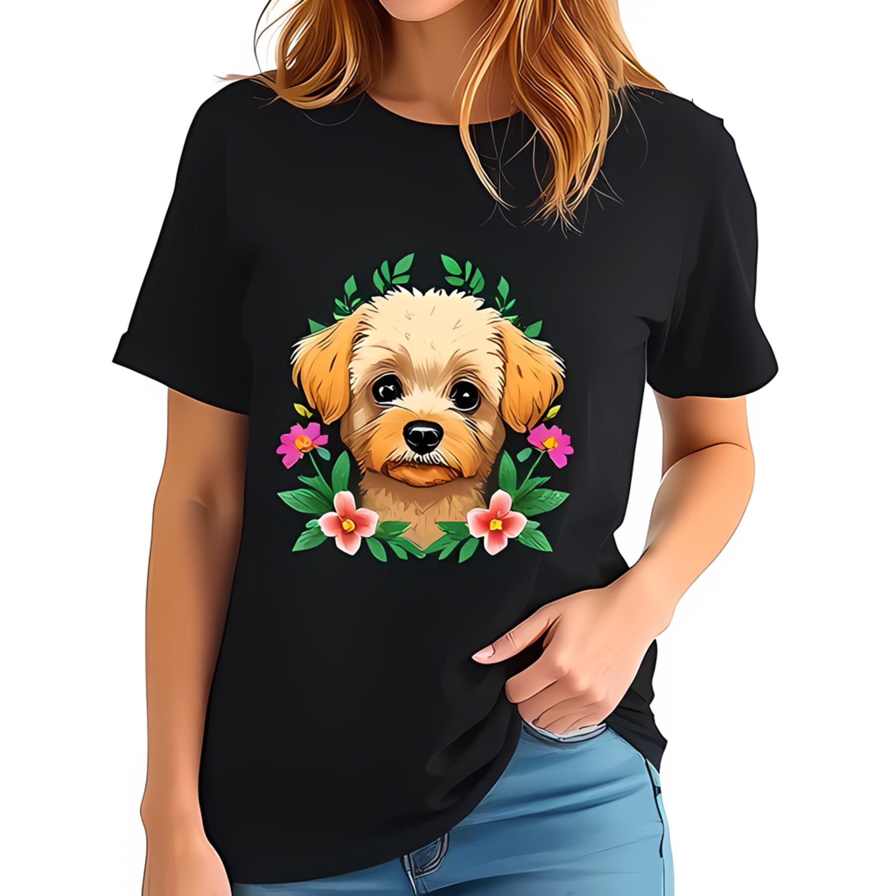 Stylish Black Cotton Short Sleeve T-Shirt with Fluffy Puppy ...