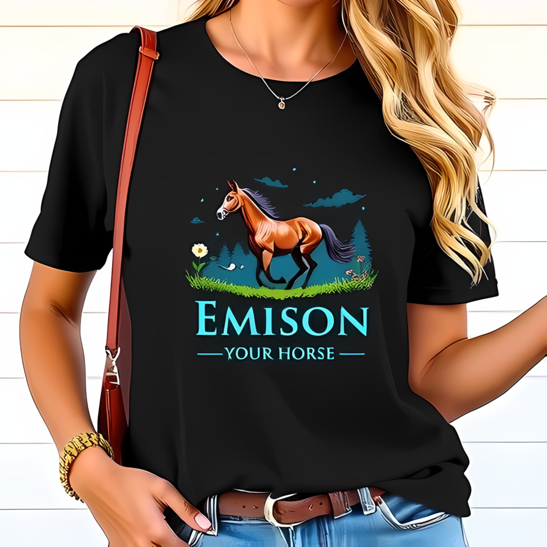 Stylish Black Cotton Short Sleeve T-Shirt with Galloping Chestnut Horse ...