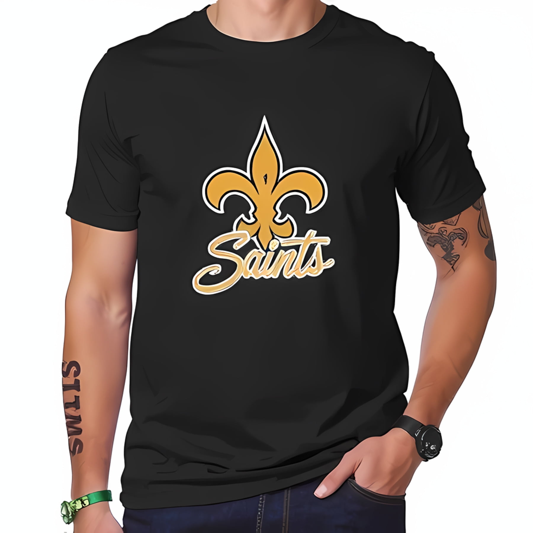 Stylish Black Cotton Short Sleeve T-Shirt with Gold Fleur-de-Lis ...