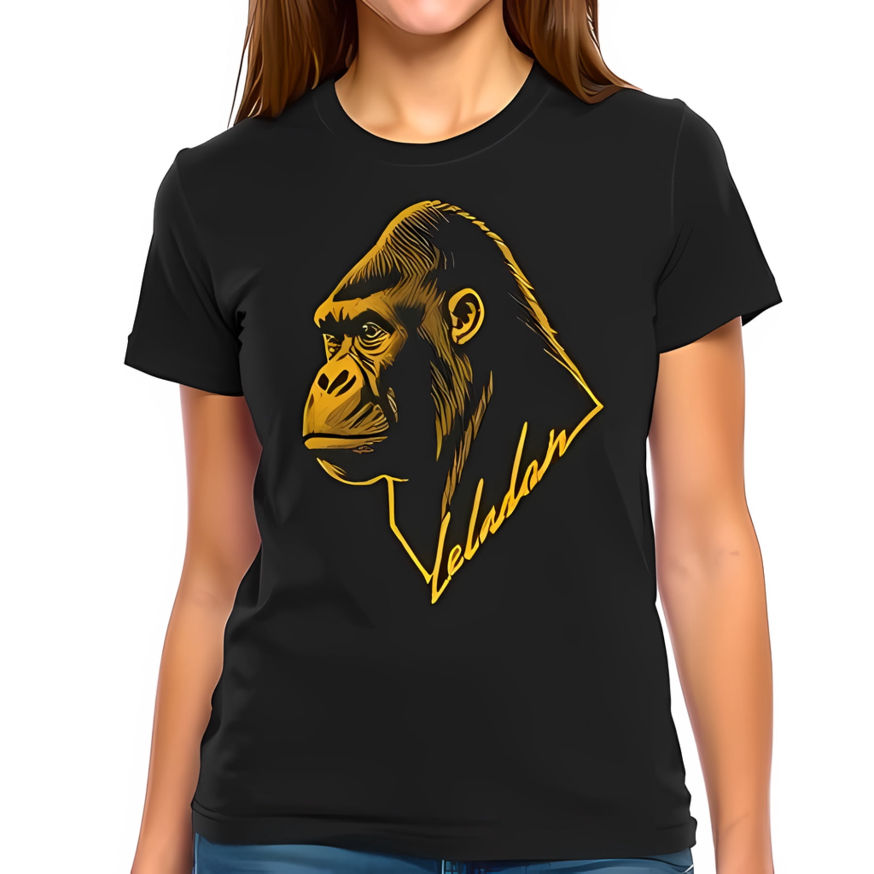 Stylish Black Cotton Short Sleeve T-Shirt with Gold Gorilla Head ...