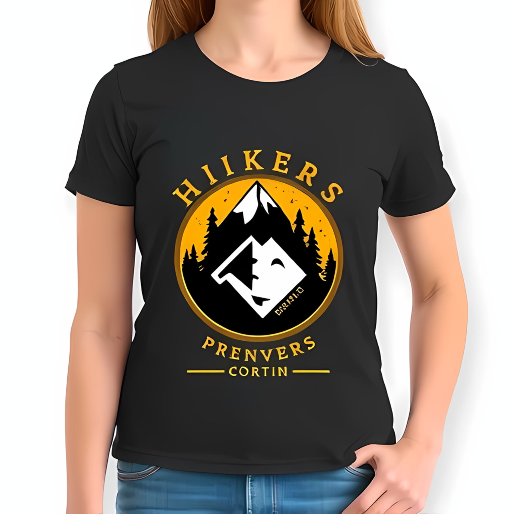 Stylish Black Cotton Short Sleeve T-Shirt with Gold Mountain & Vintage ...