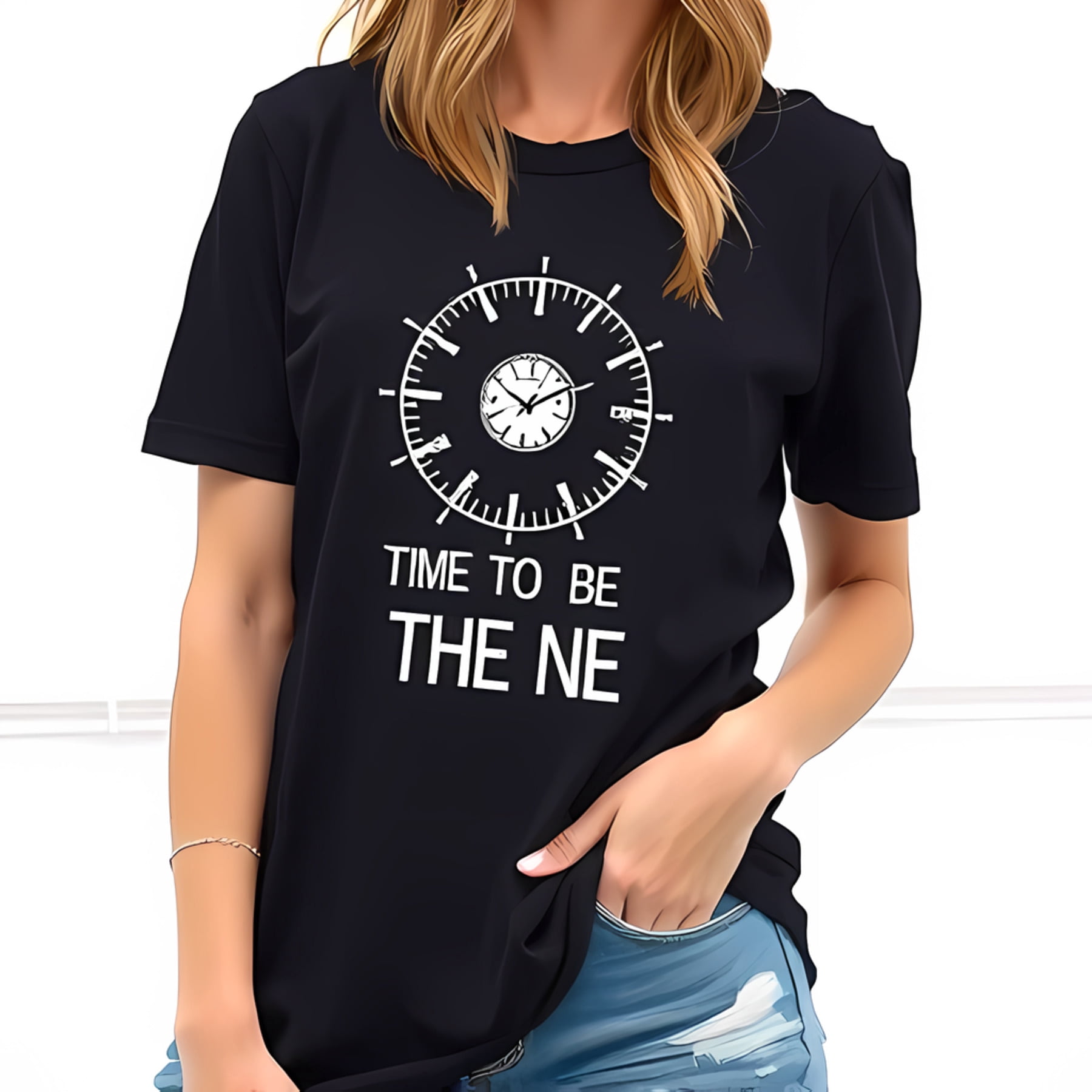 Stylish Black Cotton Short Sleeve T-Shirt with Graphic Clock Face ...