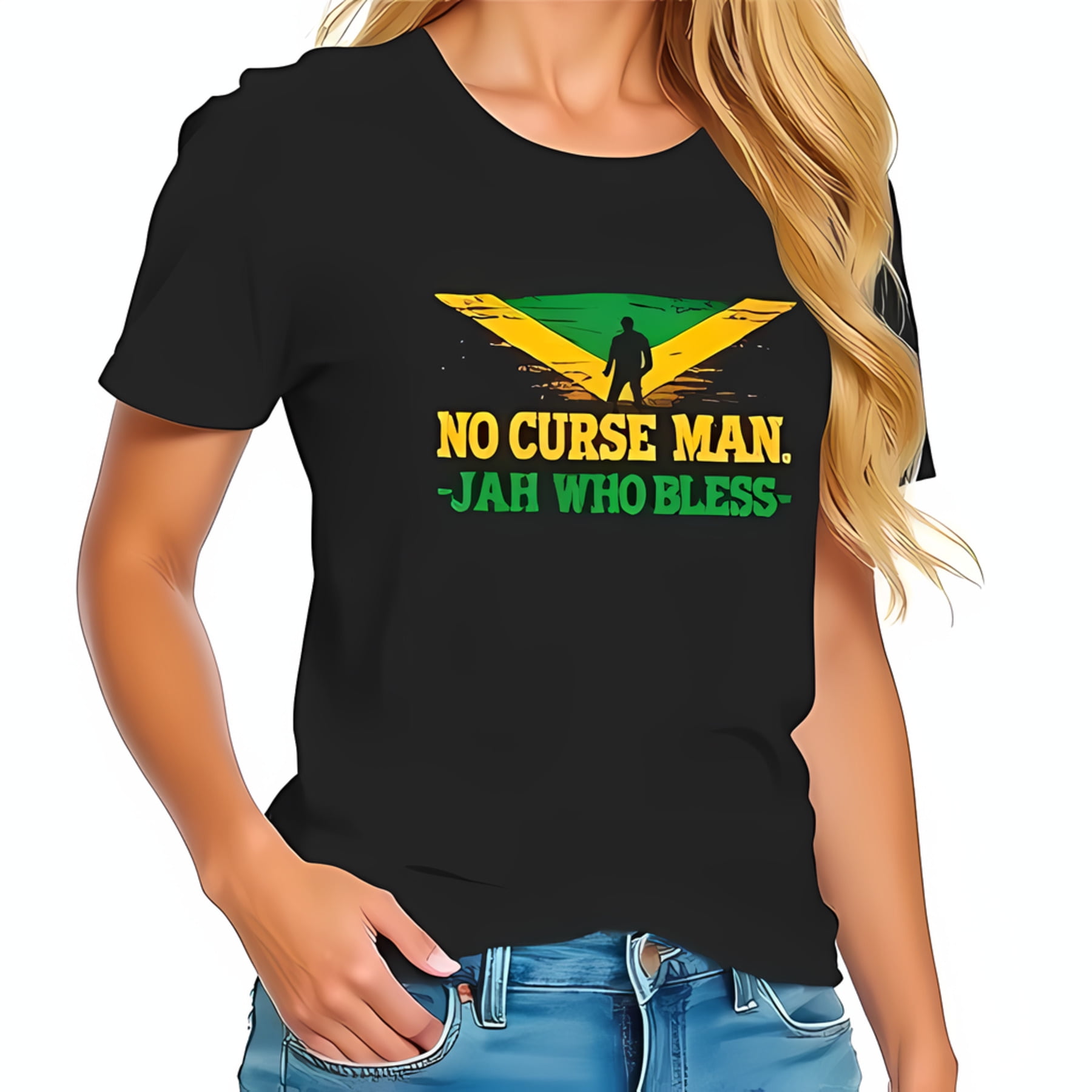 Stylish Black Cotton Short Sleeve T-Shirt with Jamaican Flag V-Shape Design & 'NO CURSE MAN -JAH ...