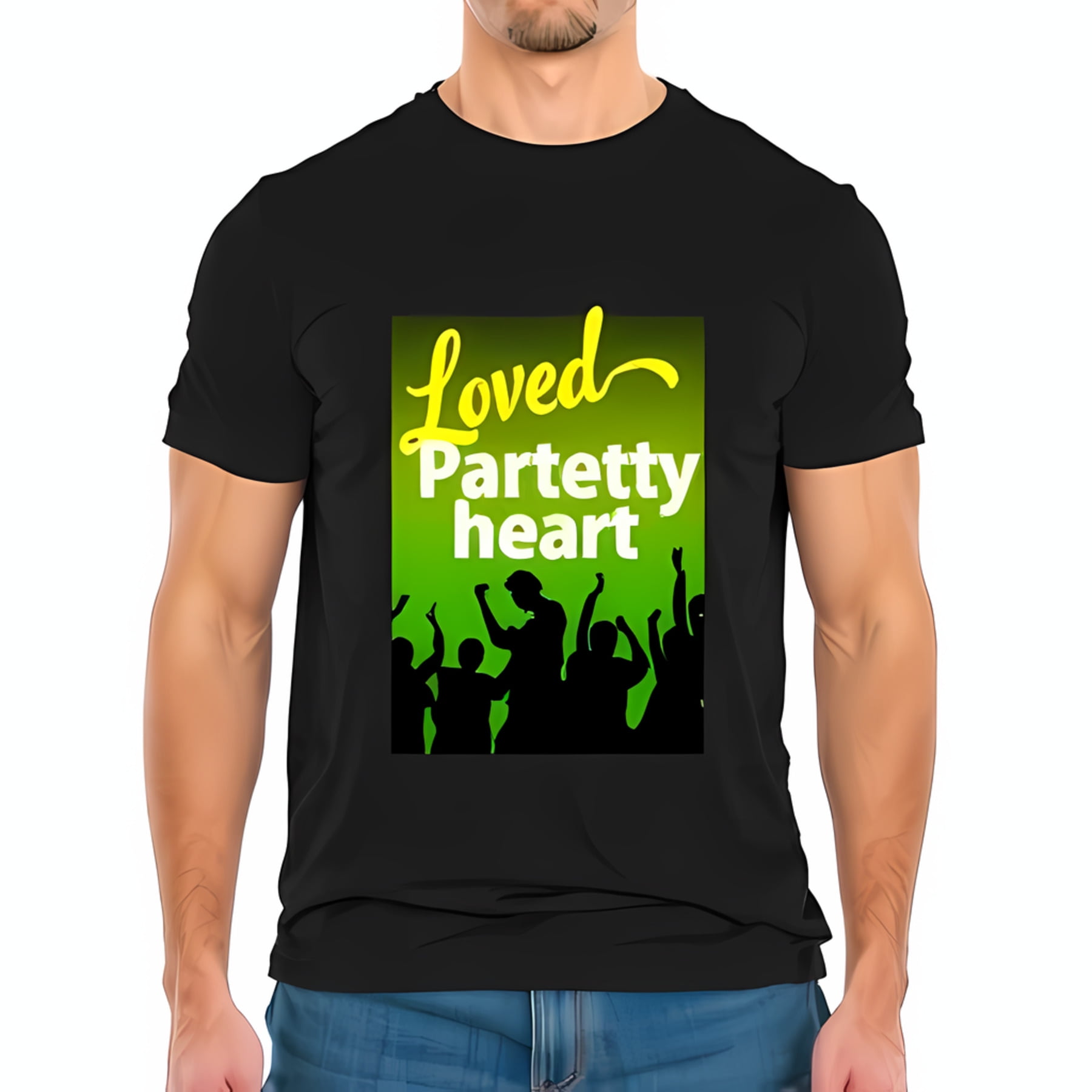 Stylish Black Cotton Short Sleeve T-Shirt with 'Loved' Cursive Graphic & Vibrant Green Gradient ...