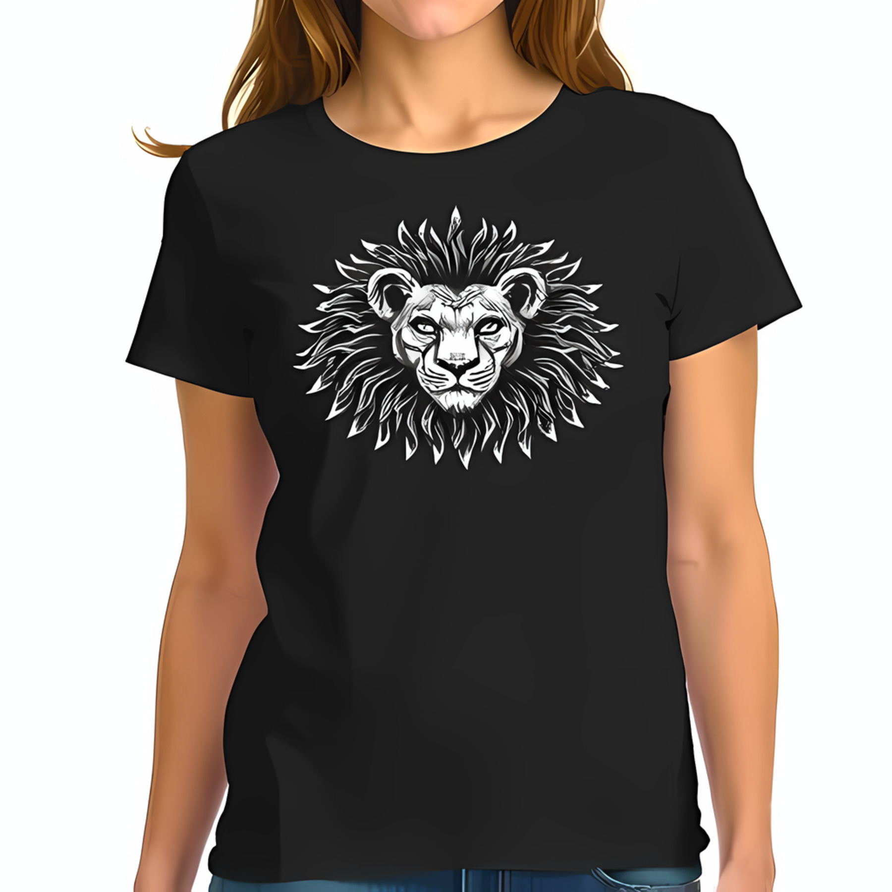 Stylish Black Cotton Short Sleeve T-Shirt with Monochromatic Lion ...