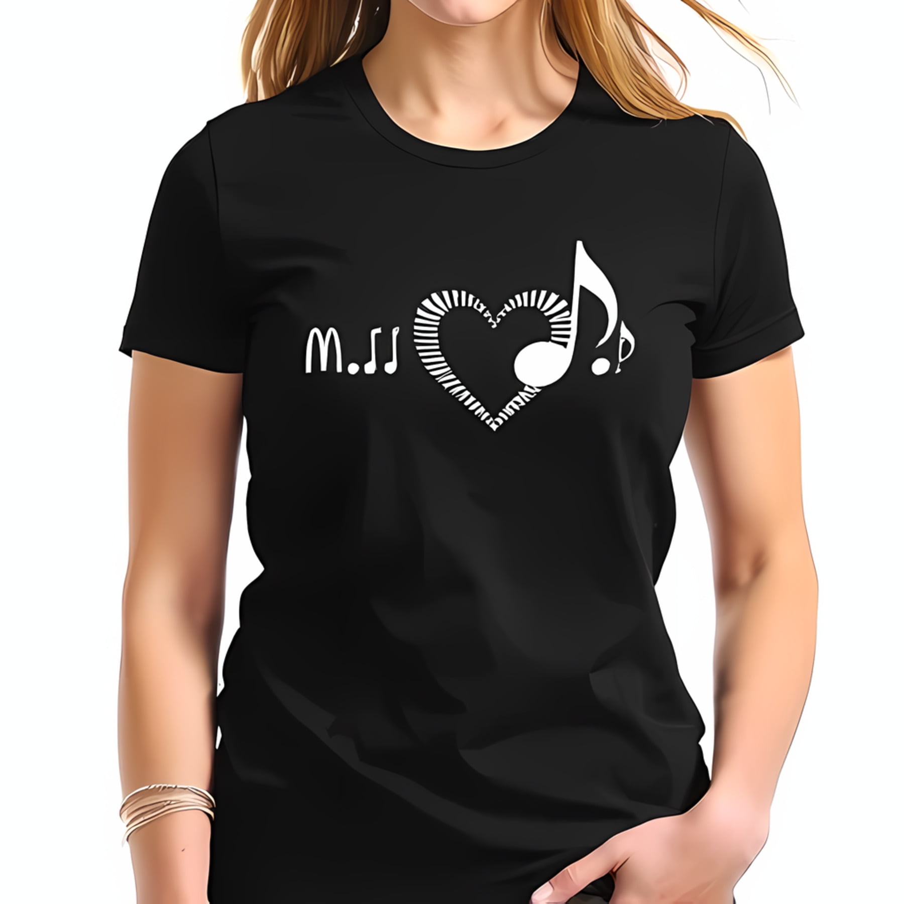 Stylish Black Cotton Short Sleeve T-Shirt with Musical Notes Heart ...