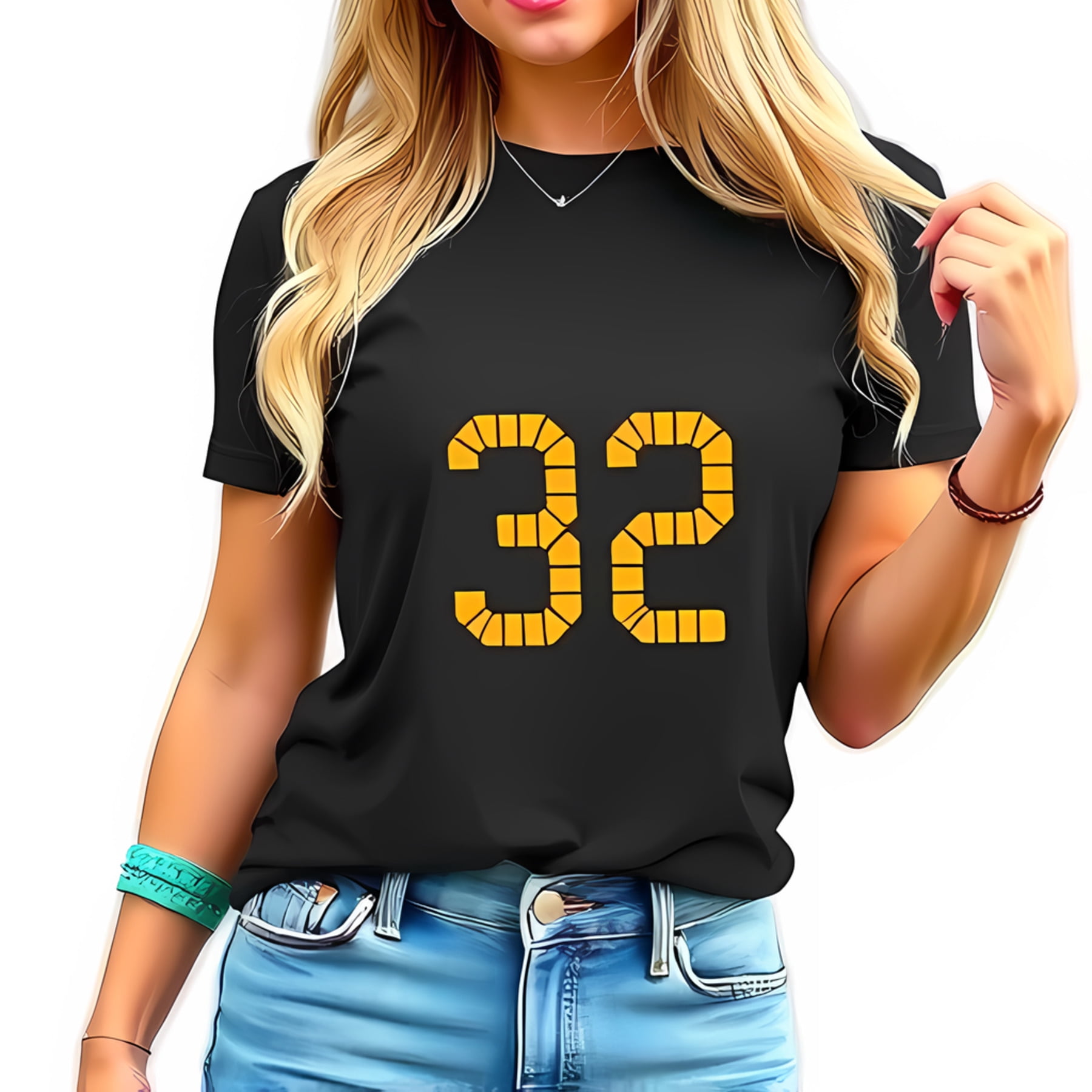 Stylish Black Cotton Short Sleeve T-Shirt with Pixelated Gold Number 32 ...