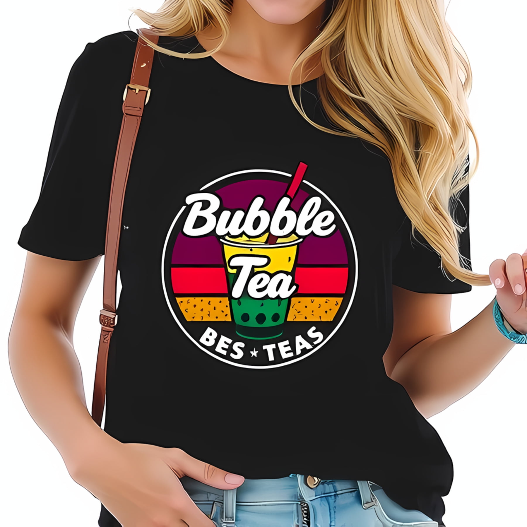 Stylish Black Cotton Short Sleeve T-Shirt with Retro Bubble Tea Graphic ...
