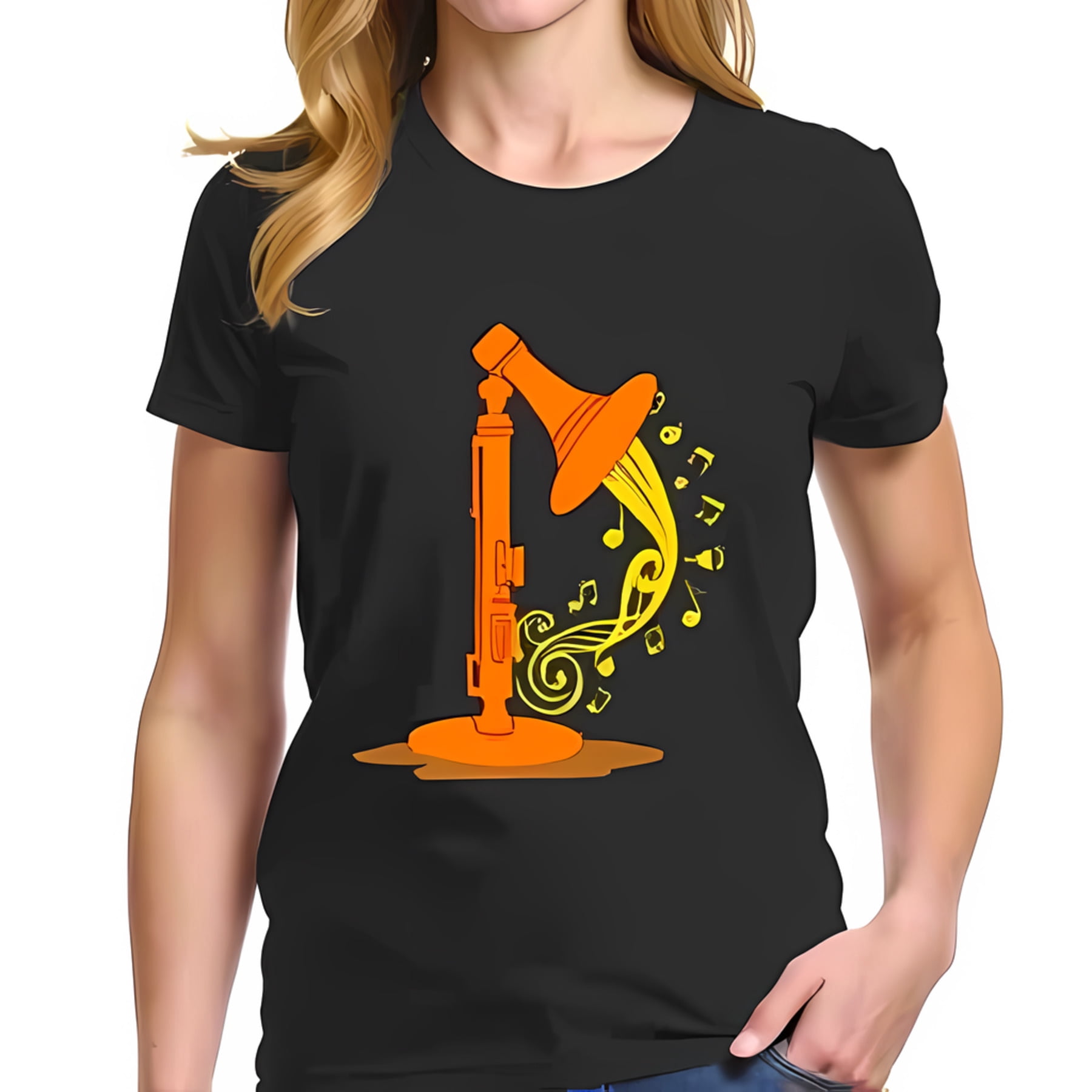 Stylish Black Cotton Short Sleeve T-Shirt with Retro Orange Musical ...