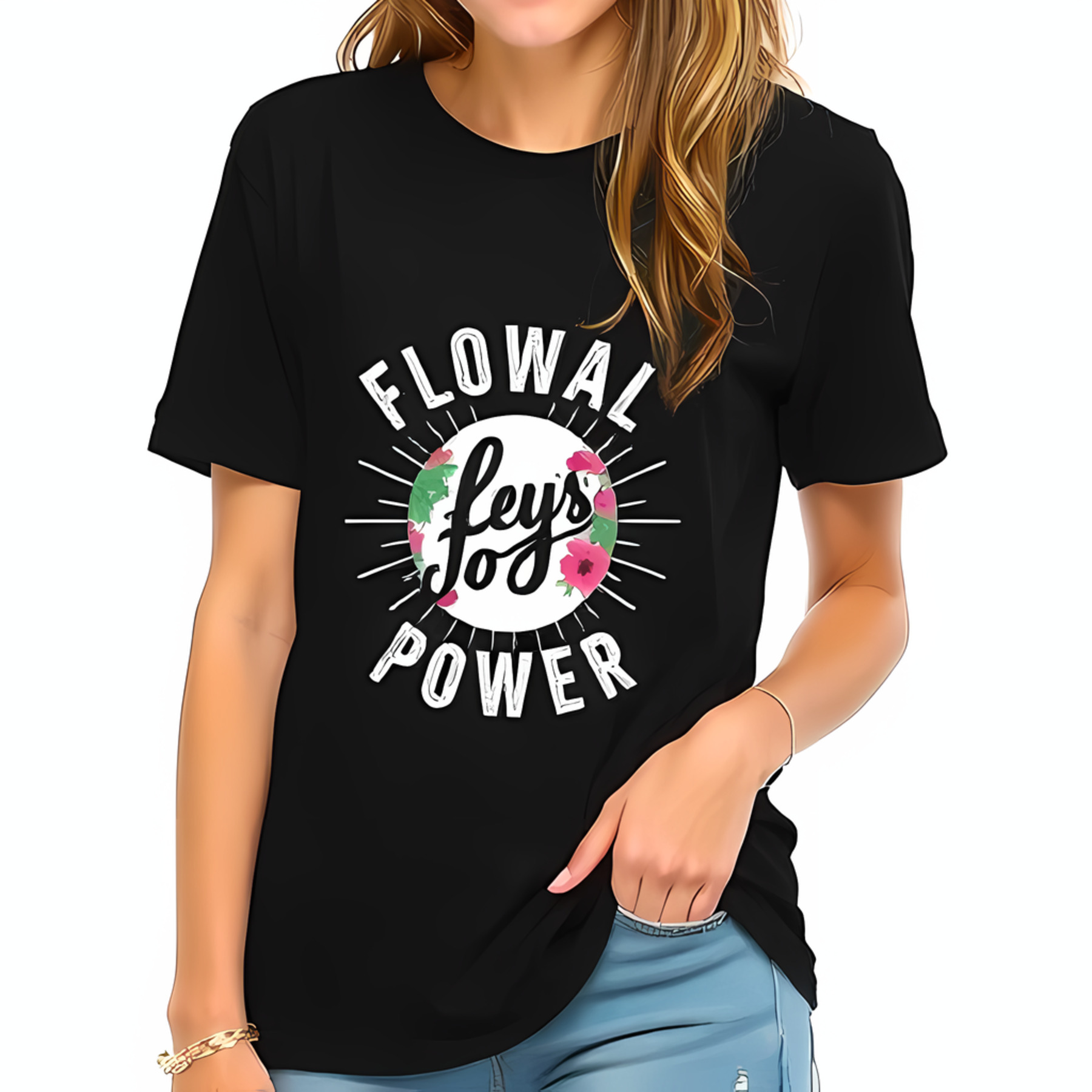 Stylish Black Cotton Short Sleeve T-Shirt with Unique Floral 'Joy's ...