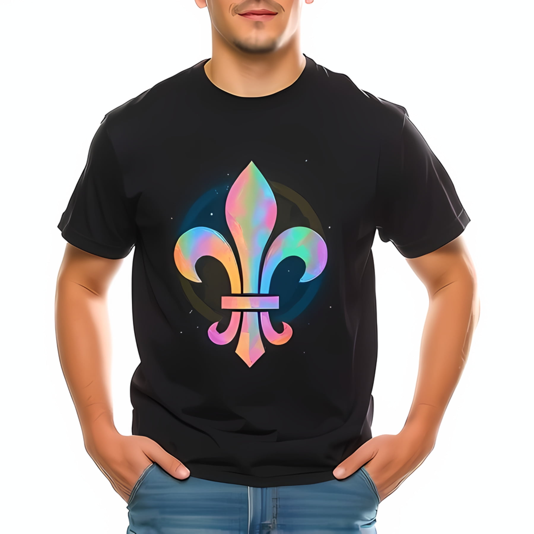 Stylish Black Cotton Short Sleeve T-Shirt with Vibrant Fleur-de-Lis ...