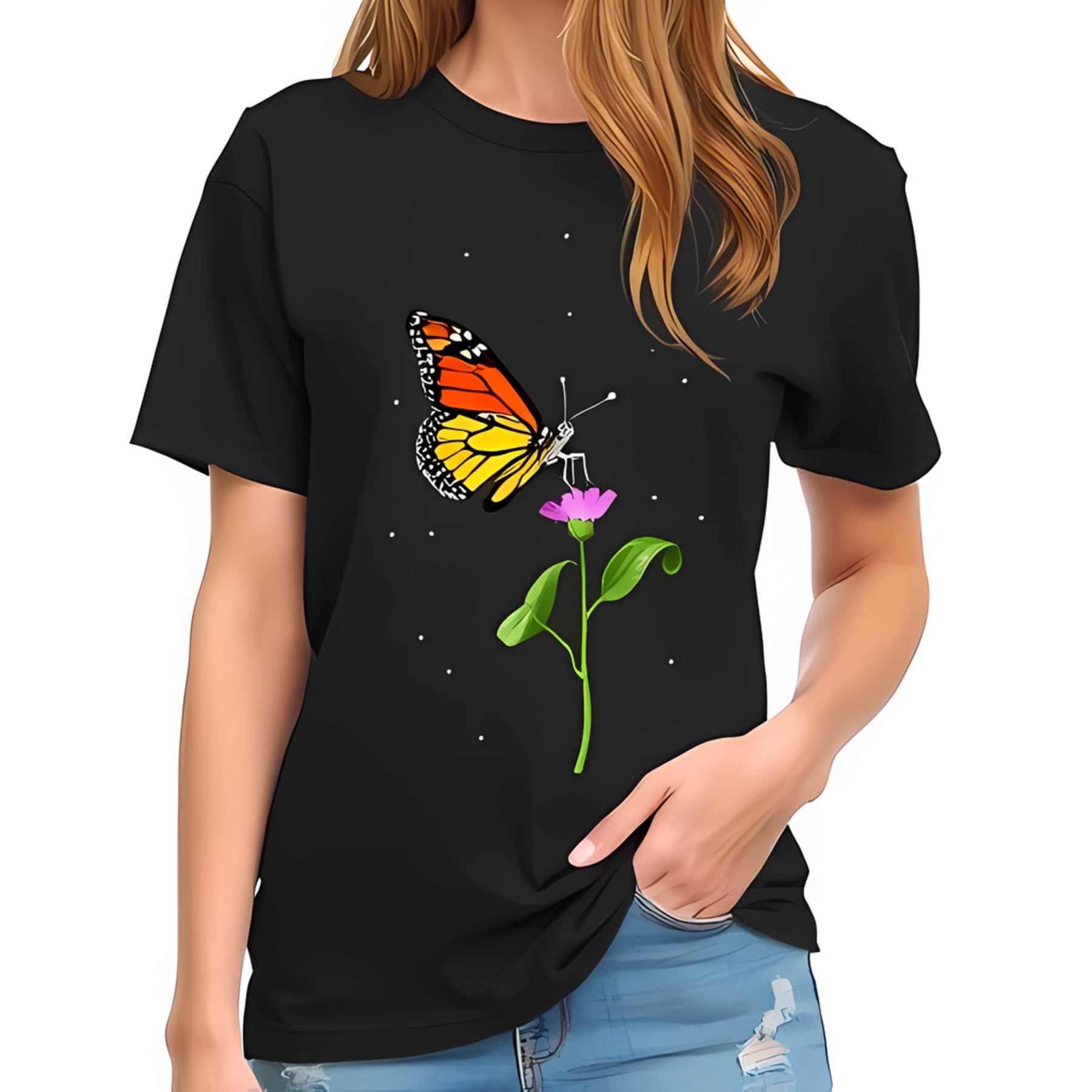 Stylish Black Cotton Short Sleeve T-Shirt with Vibrant Monarch ...