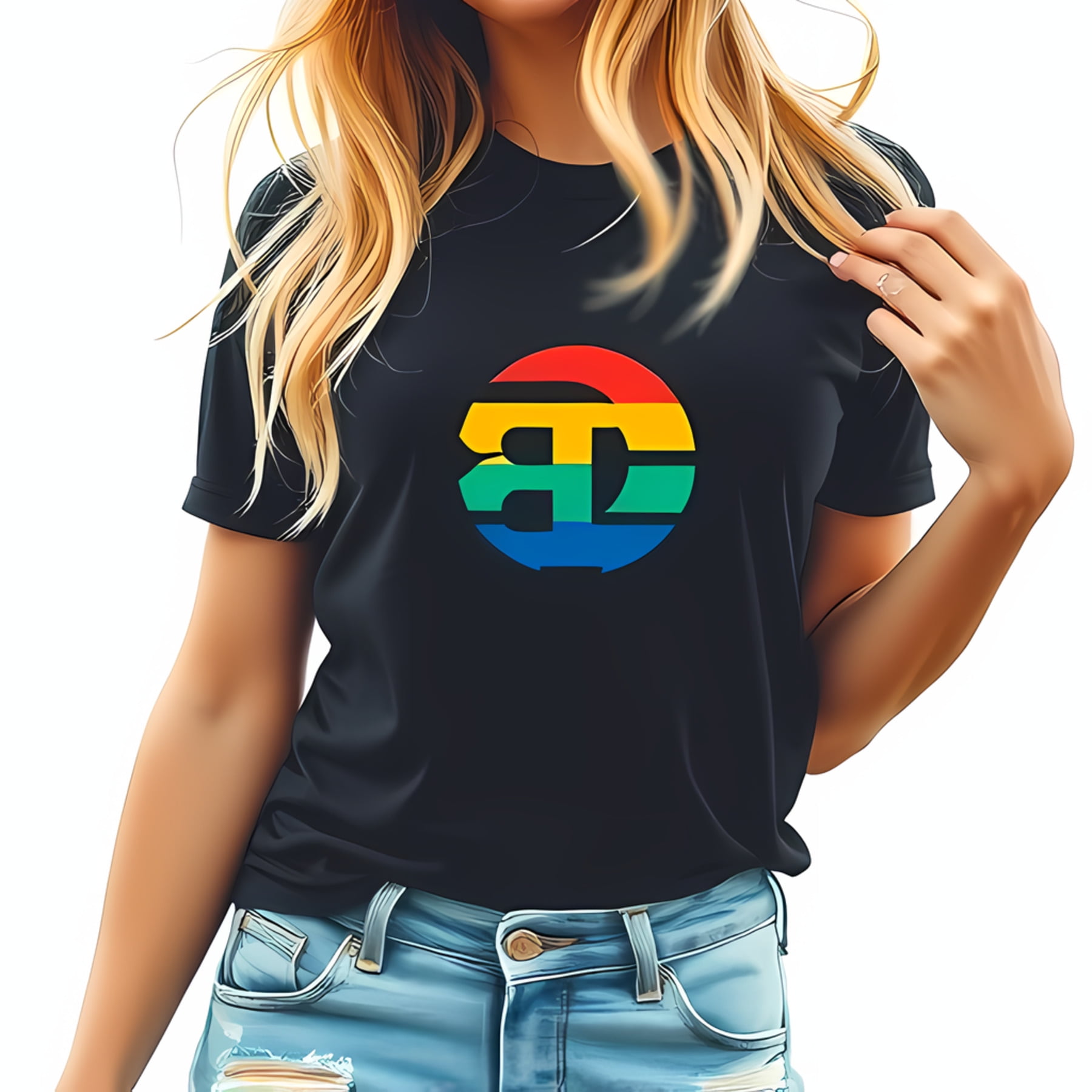 Stylish Black Cotton Short Sleeve T-Shirt with Vibrant Rainbow 'BC ...