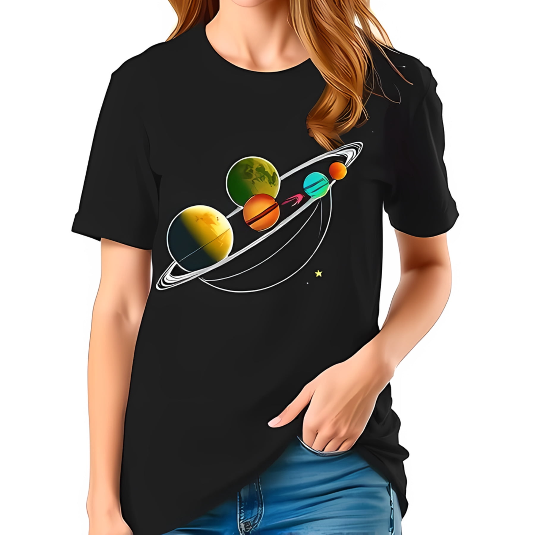 Stylish Black Cotton Short Sleeve T-Shirt with Vibrant Solar System ...
