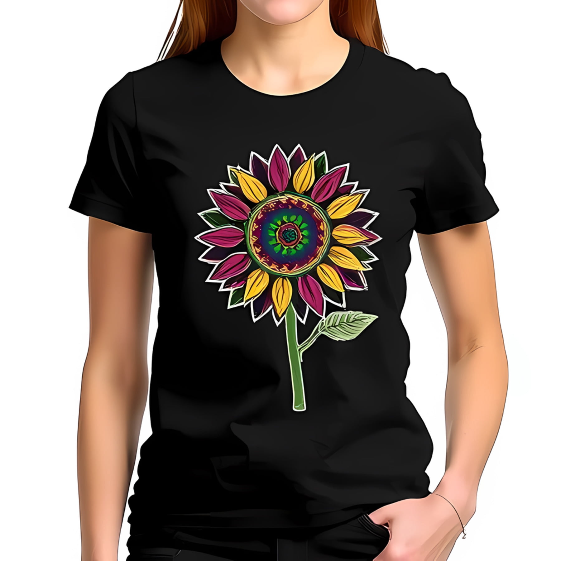 Stylish Black Cotton Short Sleeve T-Shirt with Vibrant Sunflower ...