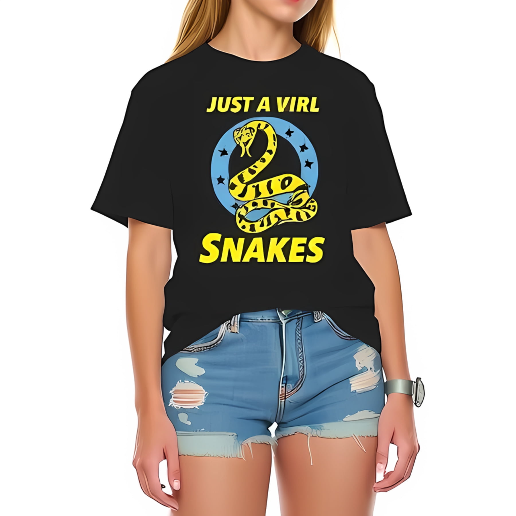Stylish Black Cotton Short Sleeve T-Shirt with Vibrant Yellow Snake ...