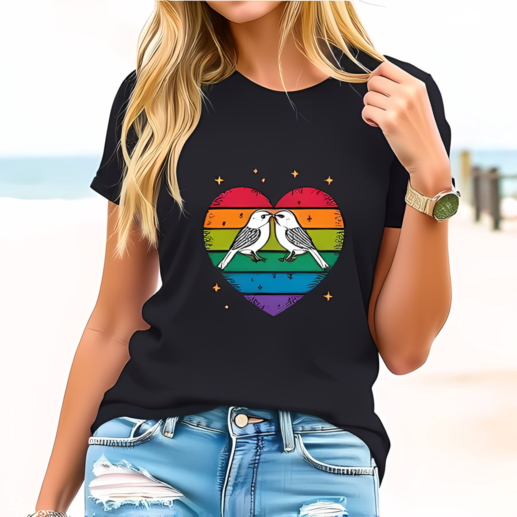 Stylish Black Cotton Short Sleeve T-Shirt with Vintage Birds in Rainbow ...