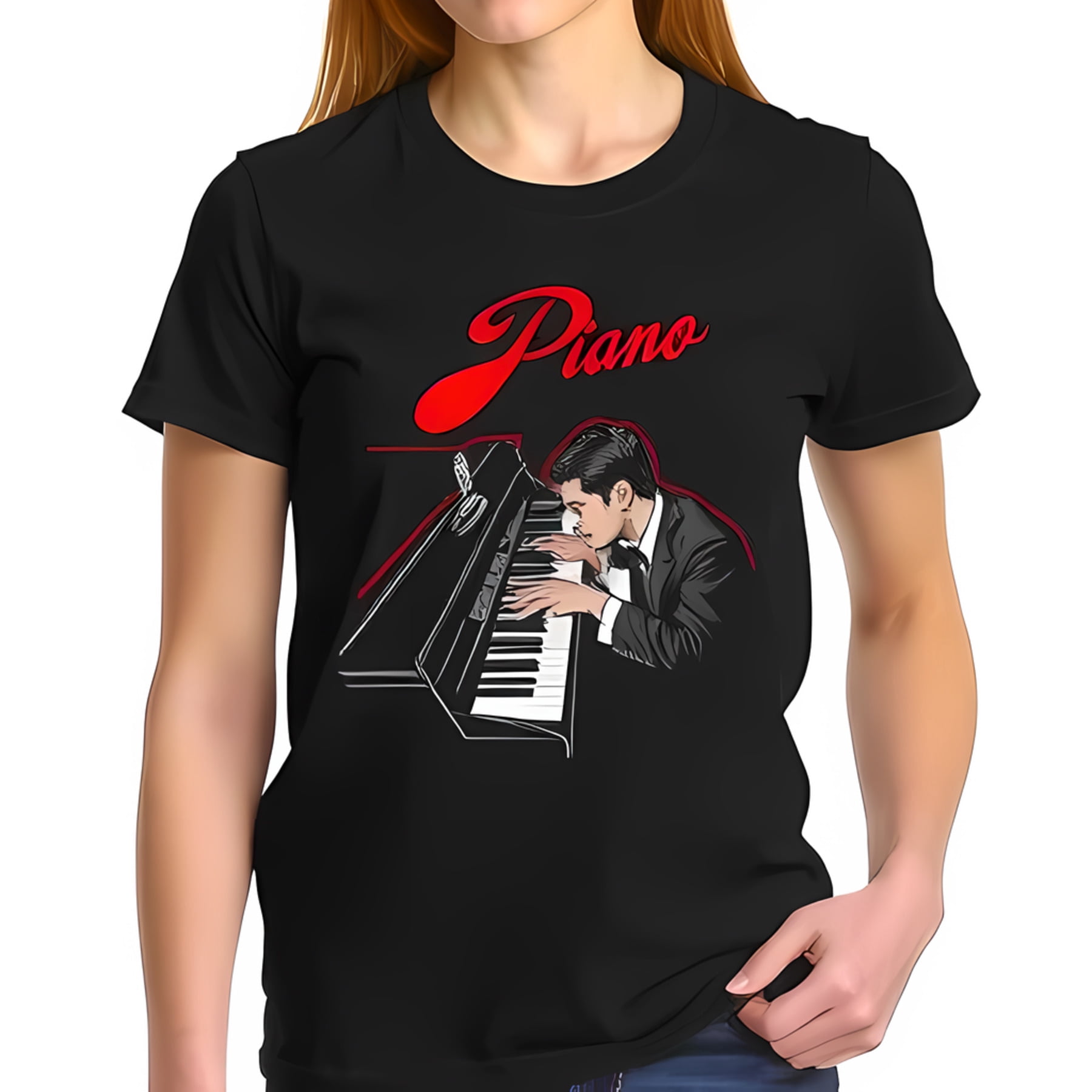 Stylish Black Cotton Short Sleeve T-Shirt with Vintage Piano Graphic ...