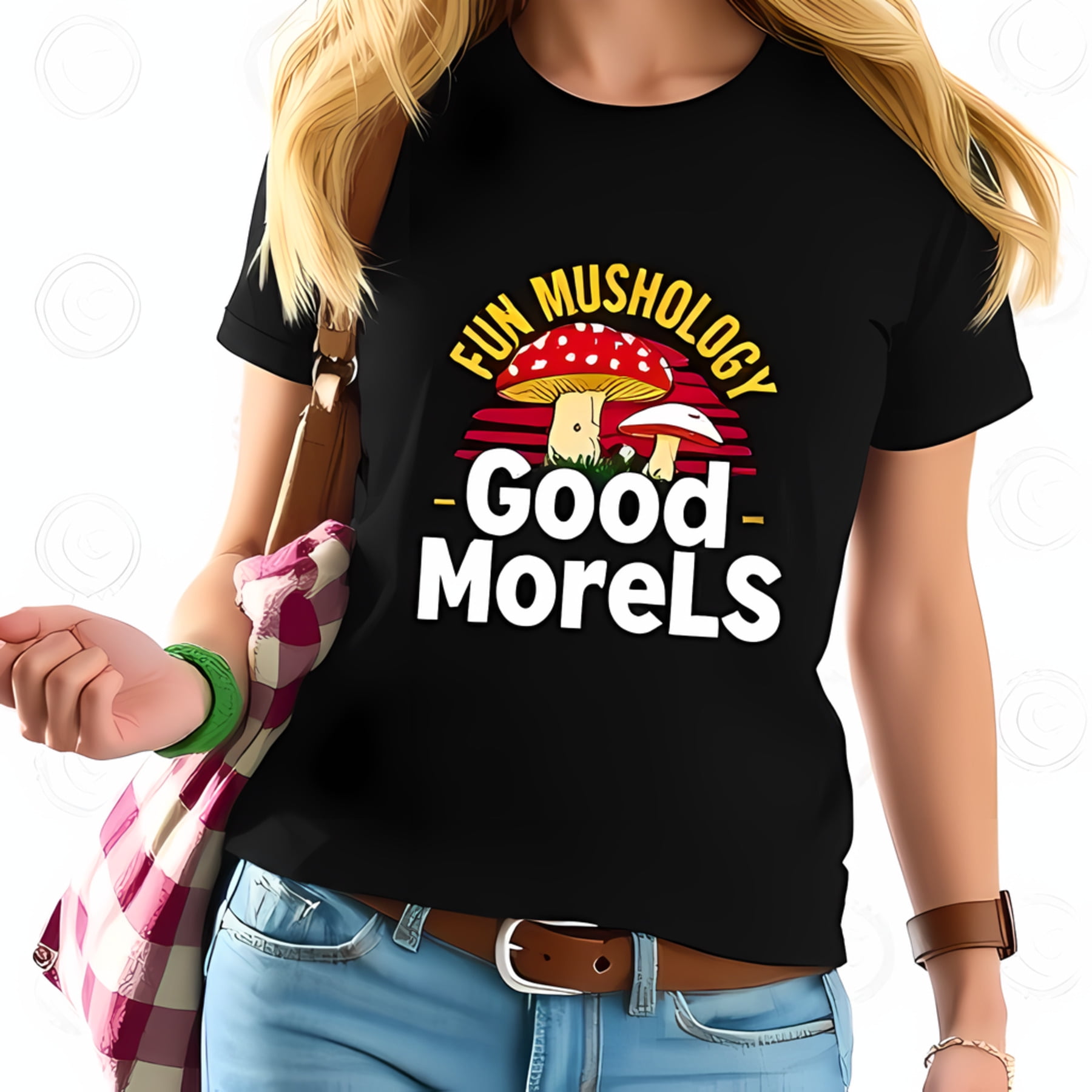 Stylish Black Cotton Short Sleeve T-Shirt with Whimsical Mushroom ...