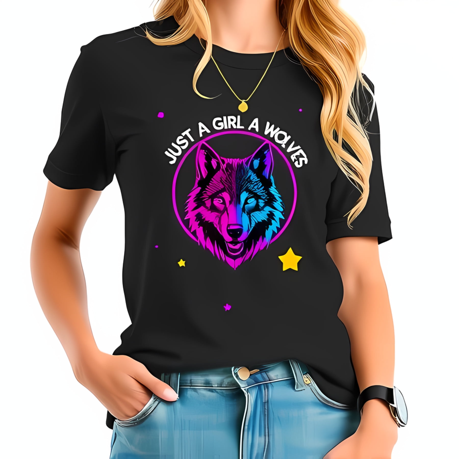 Stylish Black Cotton Short Sleeve T-Shirt with Wolf Head Graphic ...