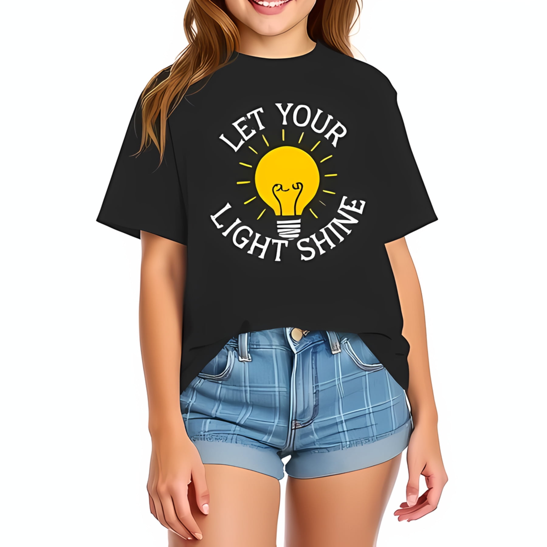 Stylish Black Cotton Tee with Cheerful Yellow Lightbulb Graphic & " Let ...