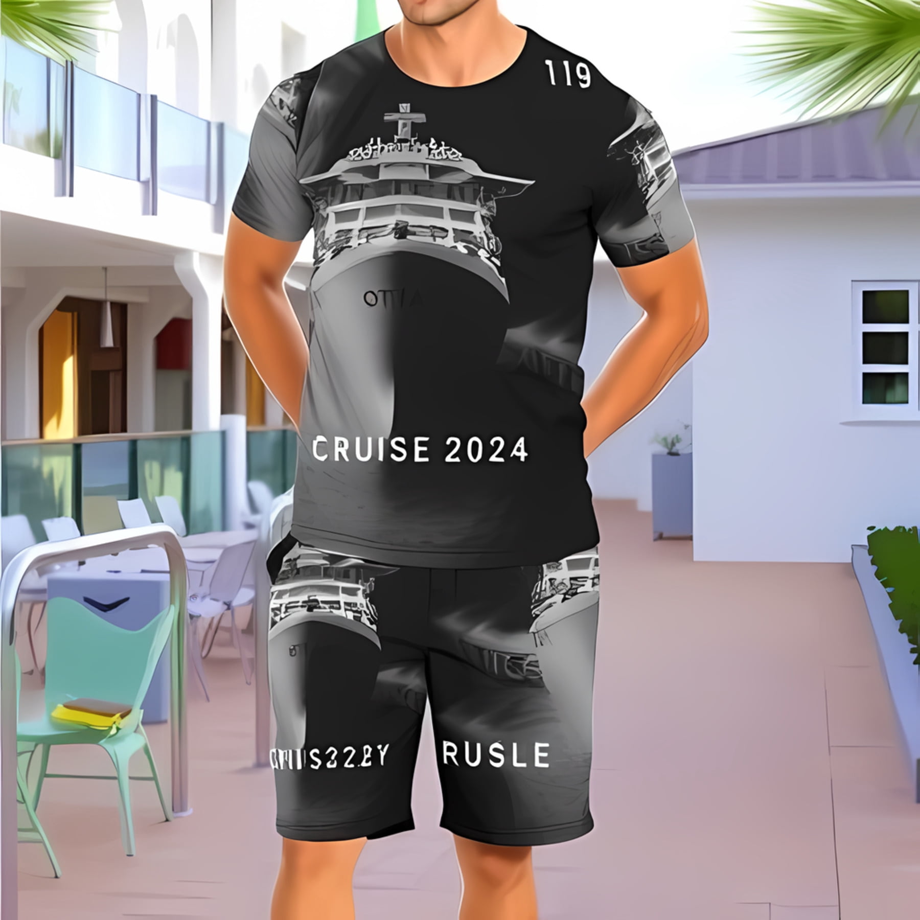 Stylish Black Cruise 2024 T-Shirt and Shorts Set for Men - Monochrome ...