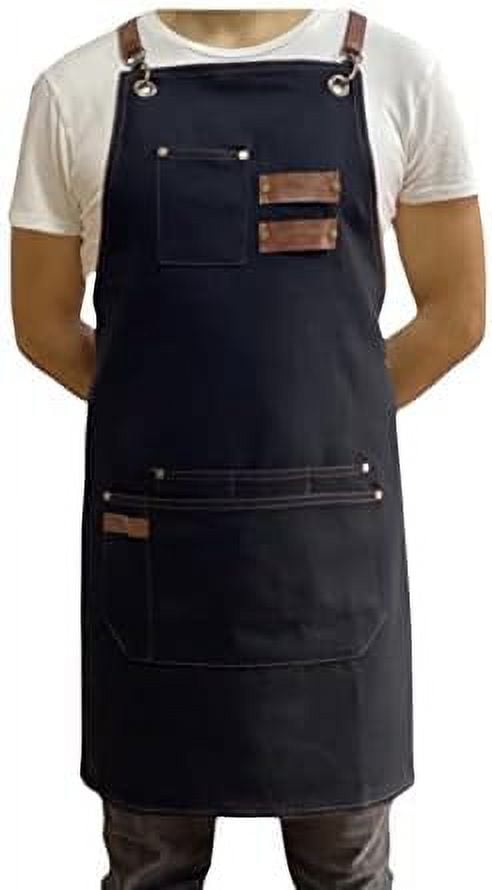 Stylish Black Denim Apron with Wide Pockets, Faux Leather Straps ...