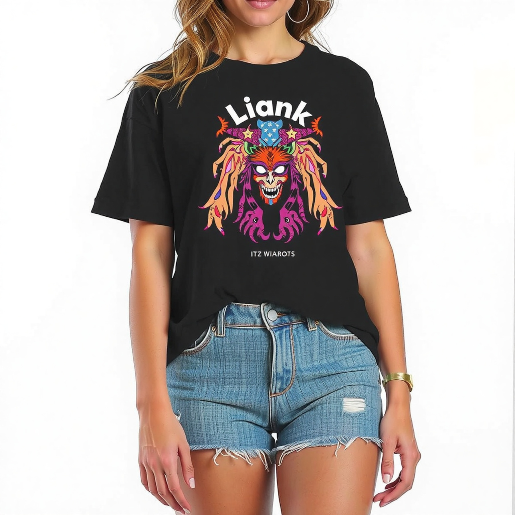 Stylish Black Graphic T-Shirt with Vibrant Face Design "Liank" ITZ ...