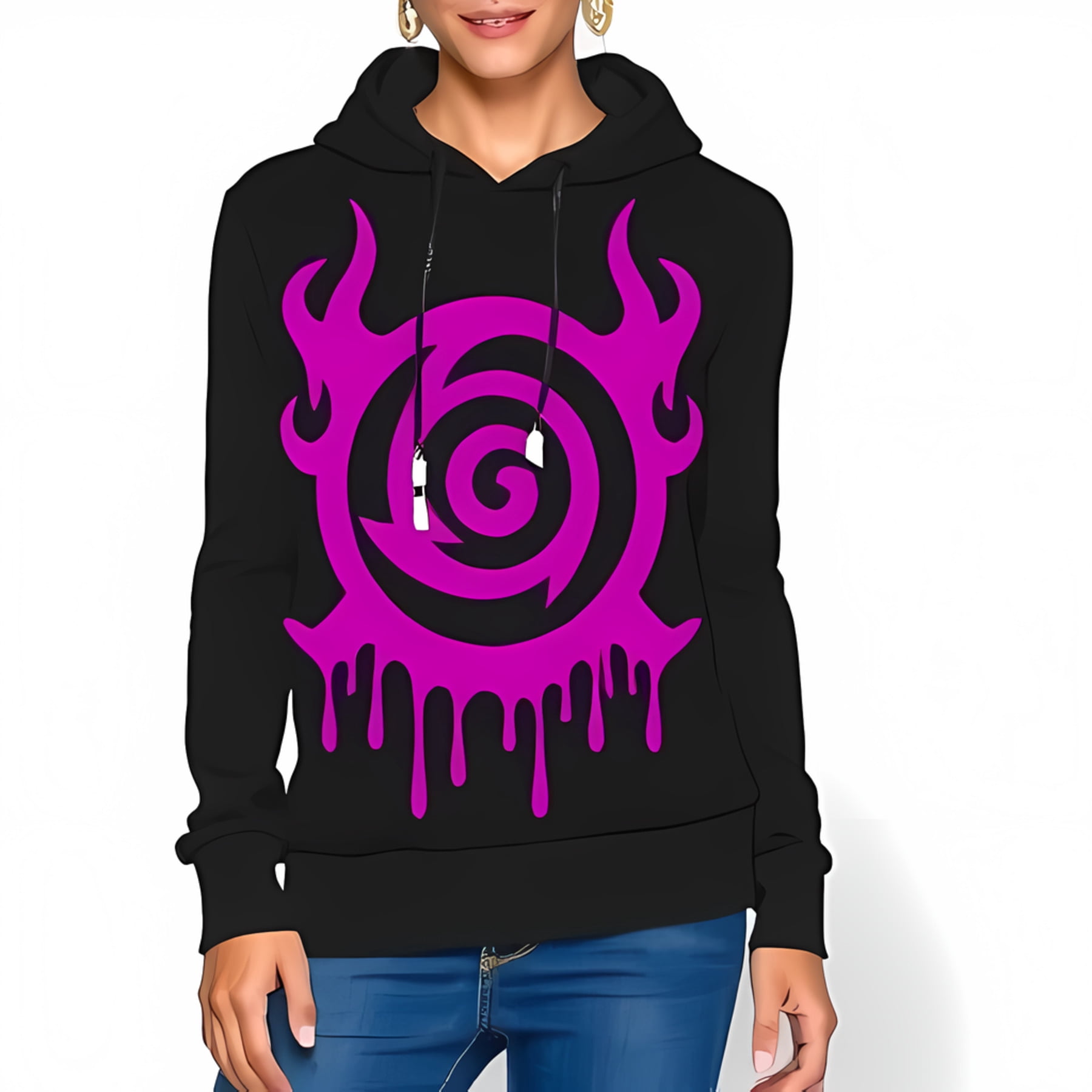 Stylish Black Hooded Sweatshirt with Dripping Pink Flame Symbol - Eye ...