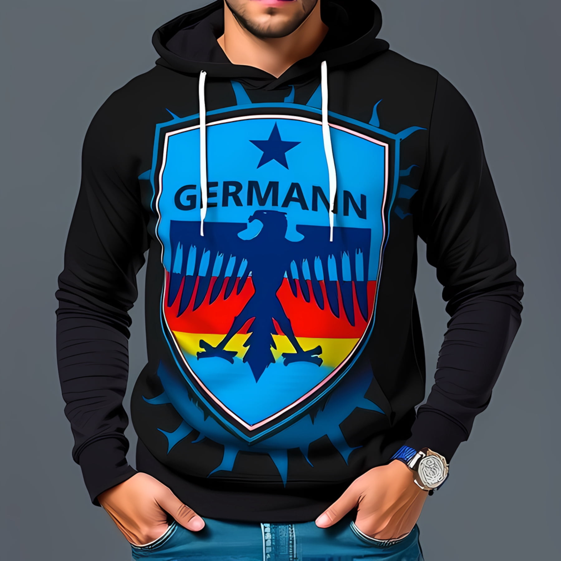 Stylish Black Hooded Sweatshirt with Vibrant 3D German Eagle Casual ...