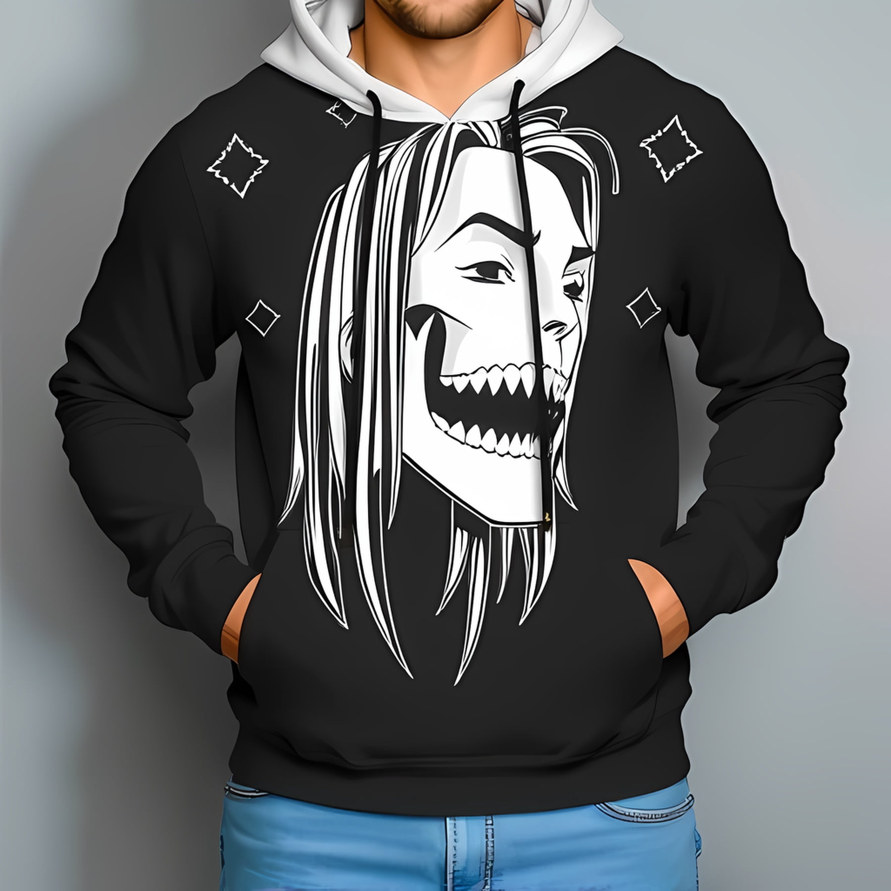 Stylish Black Hoodie with White Anime-Inspired Graphic Design - Face ...
