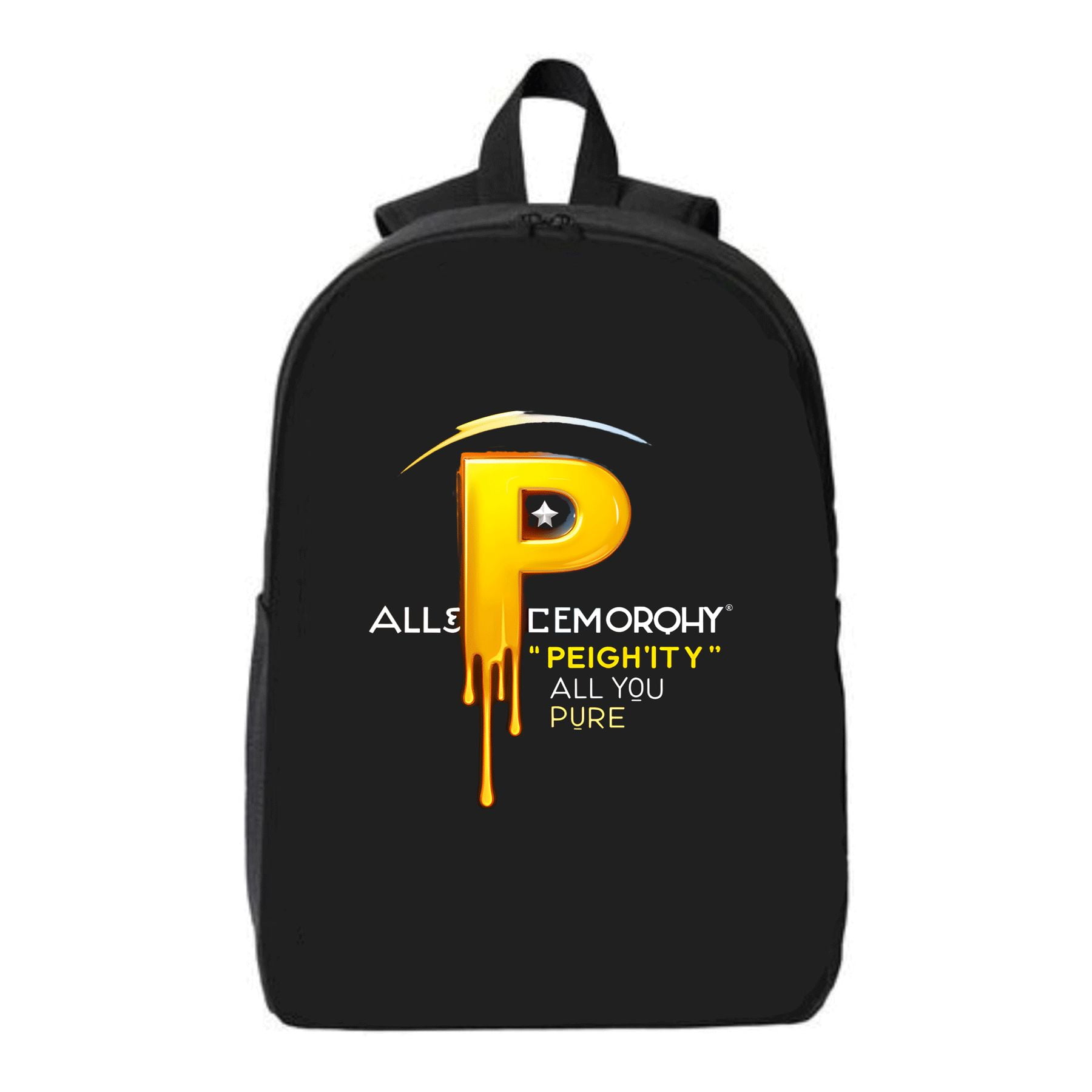 Stylish Black Laptop Backpack with Dripping Yellow ' P ' Curved Blue ...