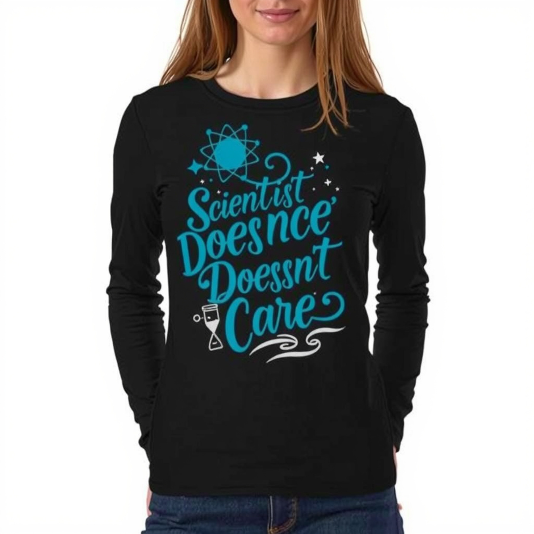 Stylish Black Long Sleeve T-Shirt: "Scientist Doesn't Care" in Blue ...
