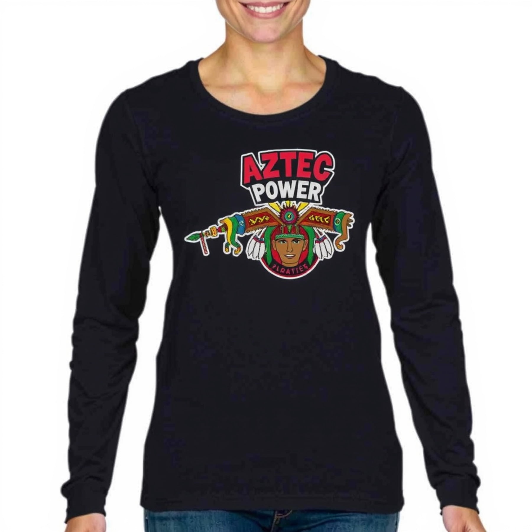 Stylish Black Long Sleeve T-Shirt with Aztec Power Graphic Design ...