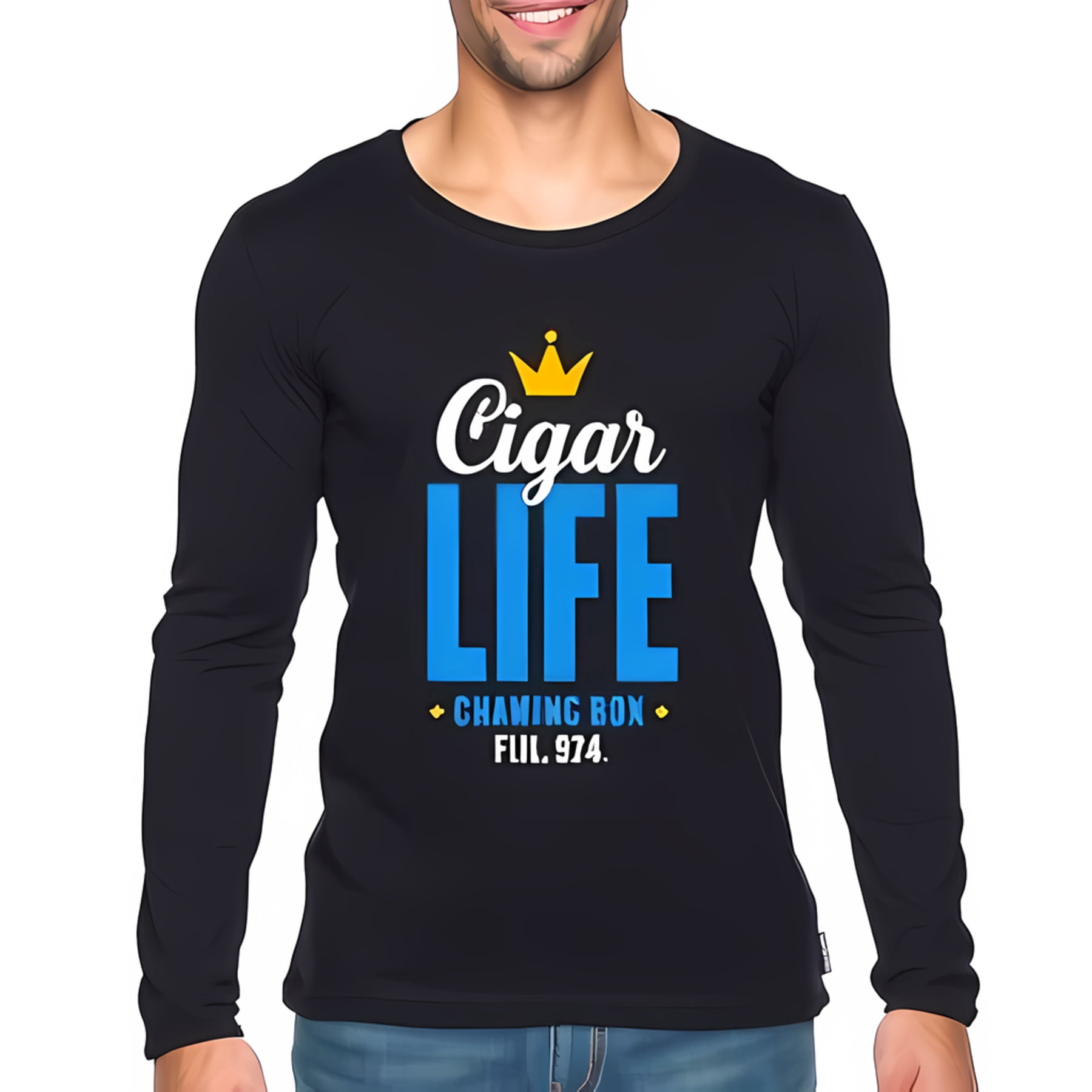 Stylish Black Long Sleeve T-Shirt with Bold 'Cigar Life' Graphic Gold ...